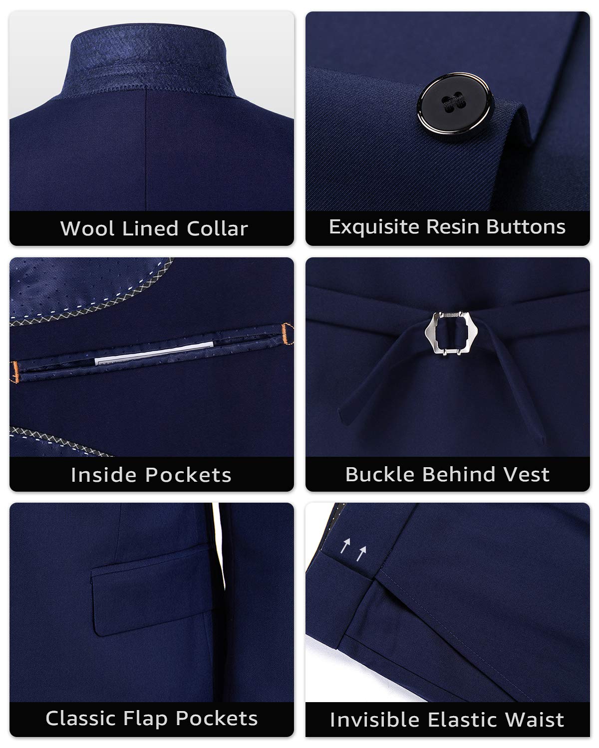 MY'S Men's 3 Piece Slim Fit Suit Set, 2 Button Blazer Jacket Vest Pants with Tie, Solid Wedding Dress Tux and Trousers Deep Blue