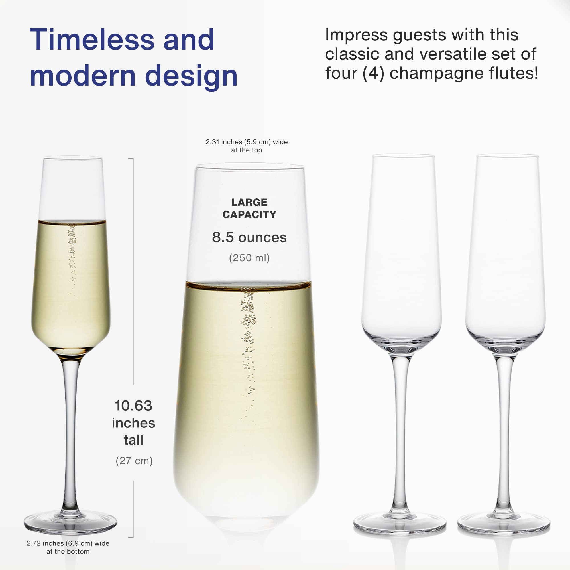 Vintorio GoodGlassware Champagne Flutes (Set Of 4) 8.5 oz β Tall, Long Stem, Crystal Clear, Classic, and Seamless Tower Design - Dishwasher Safe, Quality Sparkling Wine Stemware