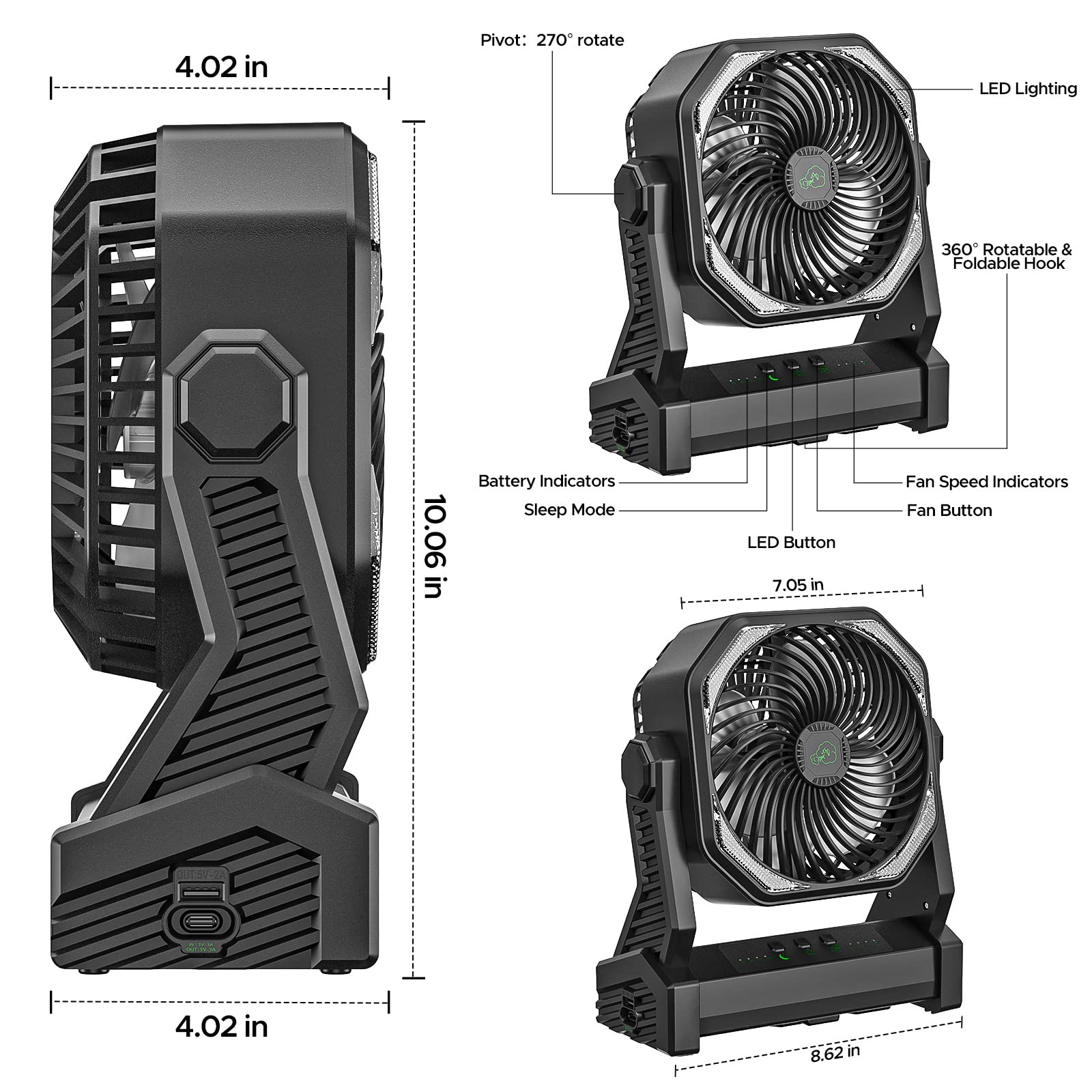 Oscillating Stroller Fan, 5000mAh Rechargeable Camping Fan, Multifunctional USB Desk Fan - Removable Flexible Octopus Tripod with Hanging Hook,3 Speed&LED Light for Stroller/Tents /Gym…