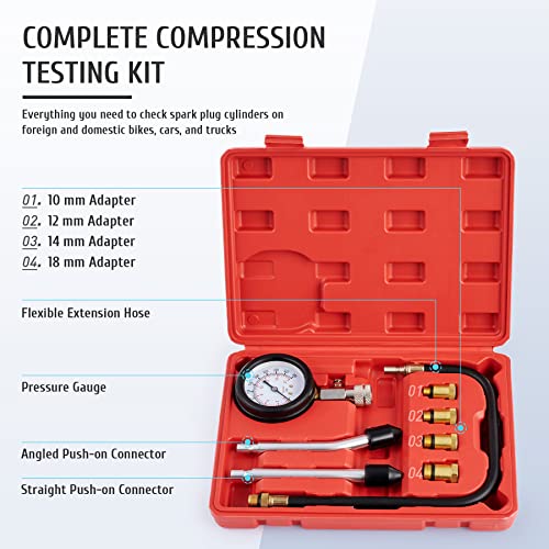 Orion Motor Tech Compression Tester, 8pcs Engine Compression Tester Small Engine Compression Gauge with Adapters for Cars Trucks Motorcycles Marines ATV UTV Snowmobiles