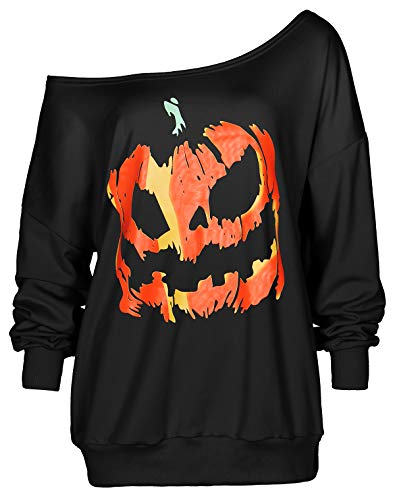 Smile Fish Women Jack O' Lantern Pumpkin Sweatshirt Off the Shoulder Halloween Pullovers Orange ,M