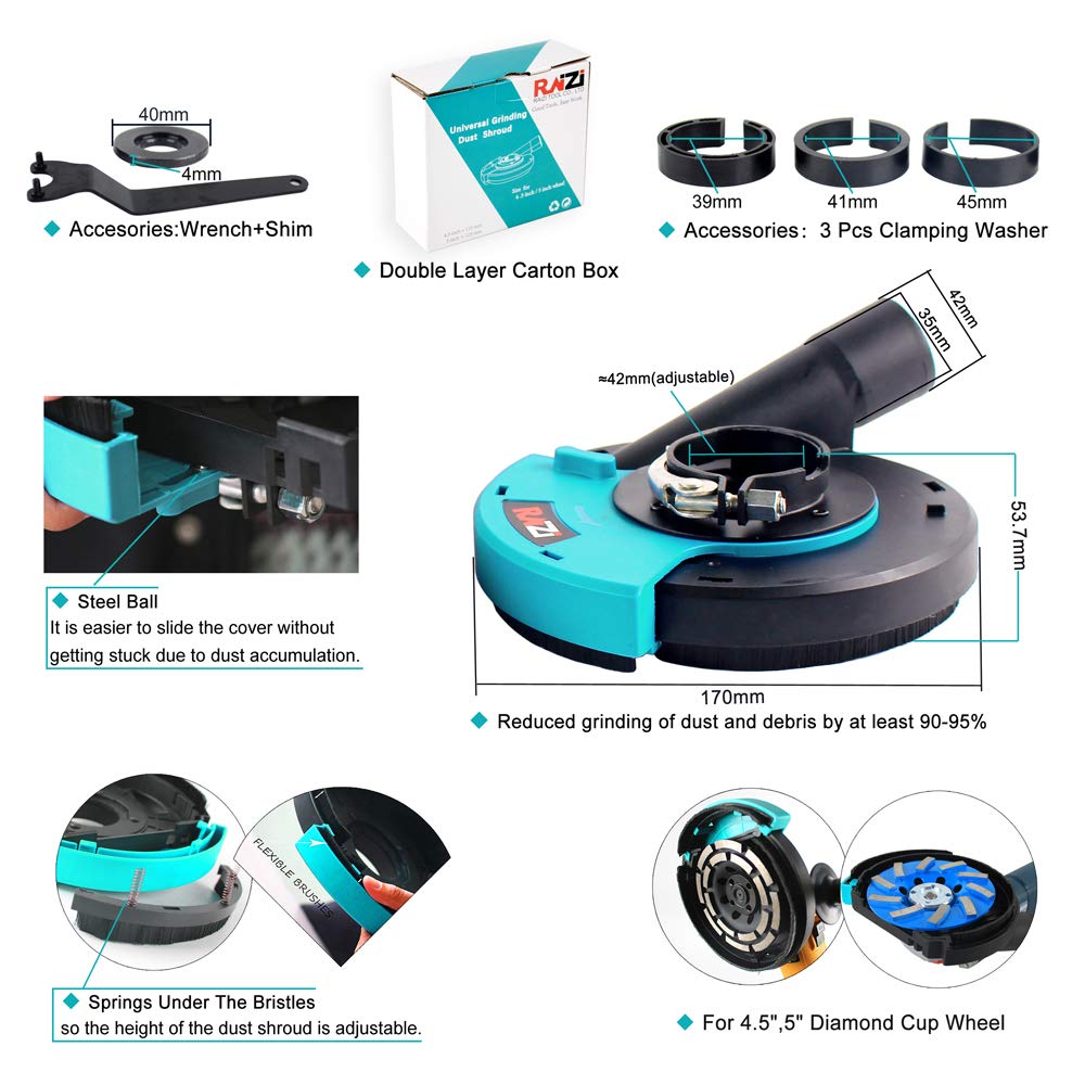 Raizi 5 inch Universal Surface Grinding Dust Shroud Hand Angle Grinder+5 inch Diamond Grinding Cup Wheel