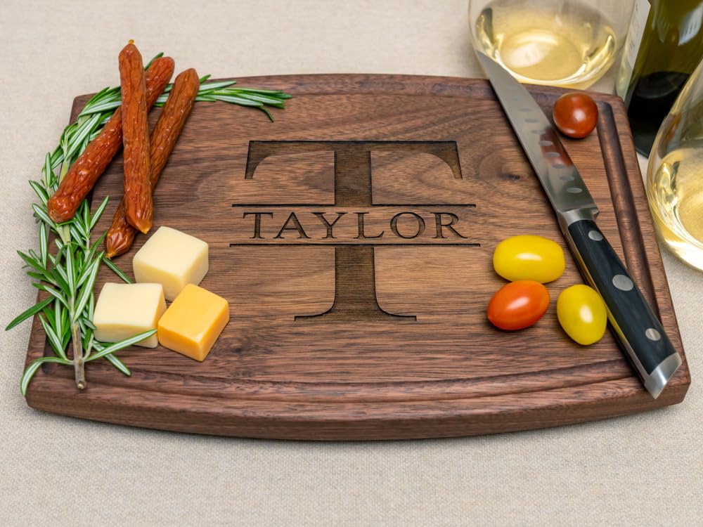 Walnut Artisan Personalized Cutting Boards, Custom Anniversary or Housewarming Gift Idea, Wood Engraved Charcuterie Board for Couples and Newlyweds, Initial Design 050