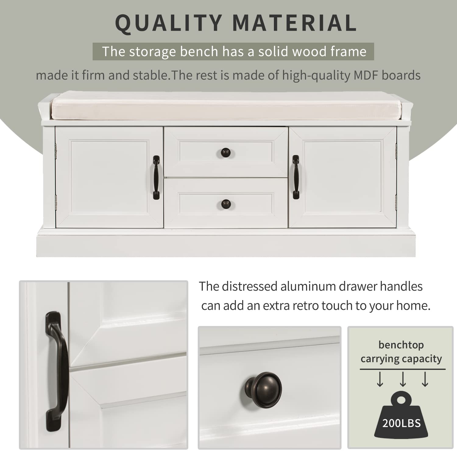 Shoe Bench Entryway with Storage, Entryway Bench with Removable Cushion, Solid Wood Storage Bench with 2 Drawers and 2 Cabinets for Living Room, Hallway, Closet, 42.5"L x 15.9"W x 17.5"H,White