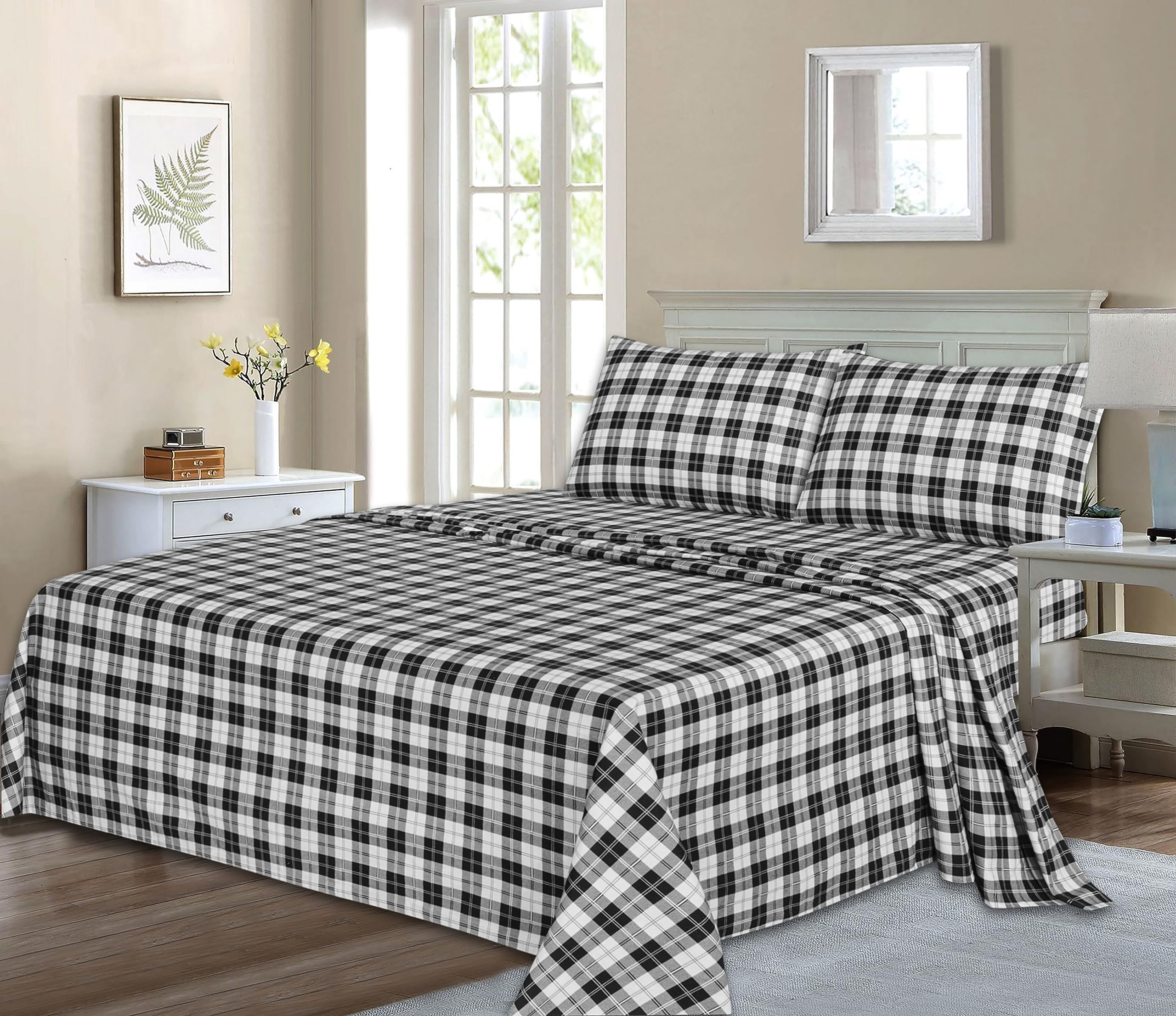 RUVANTI Flannel Sheets Full Size - 100% Cotton Brushed Bed Sheet Sets - Deep Pockets 16 Inches (fits up to 18") - All Seasons Breathable Super Soft - Warm & Cozy - 4 Pcs - Black & White Plaid