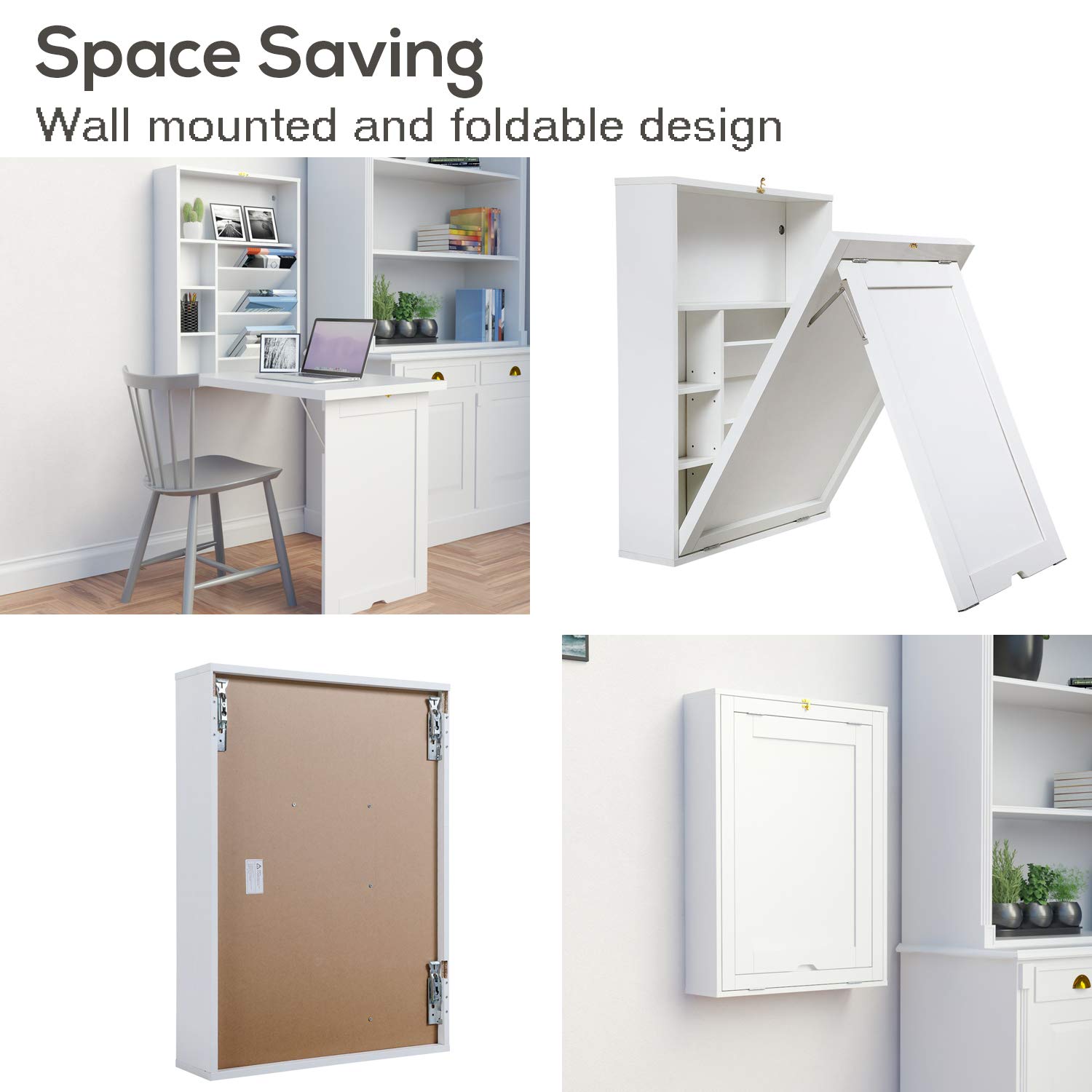 Sandinrayli Modern Compact Wood Wall Mounted Folding Desk Cabinet Convertible Writing Desk for Home Office with Storage, Laptop Tabletop, White (White)