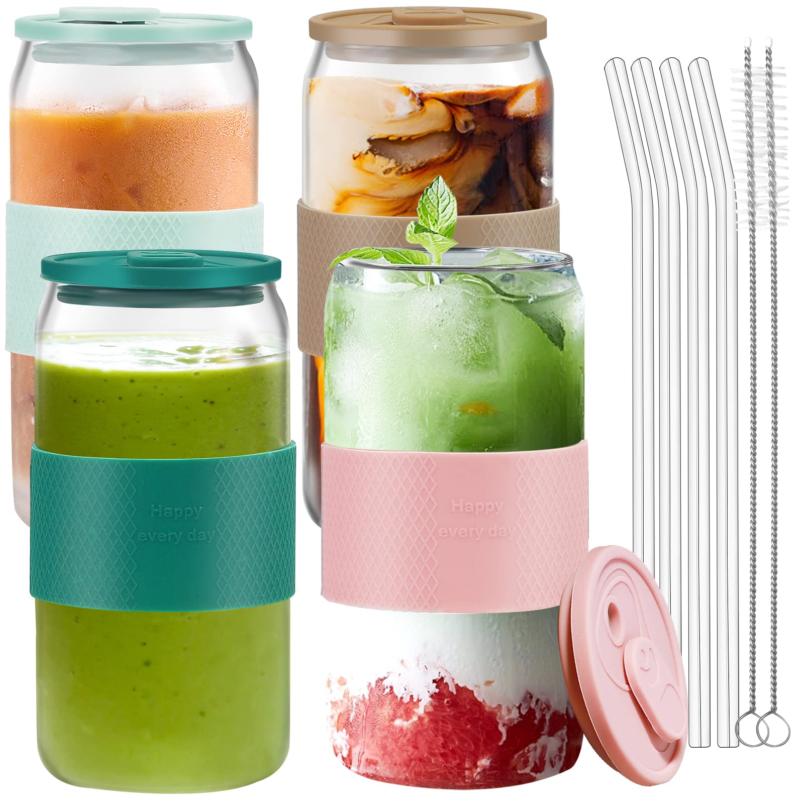Vozoka Glass Cups with Silicone Lid and Glass Straws, 4 Set -16oz Drinking Glasses with Colorful Silicone Lids and Sleeve, Iced Coffee Tumbler, Smoothie Cups, Ideal for Water, Soda, Coffee, Gift…