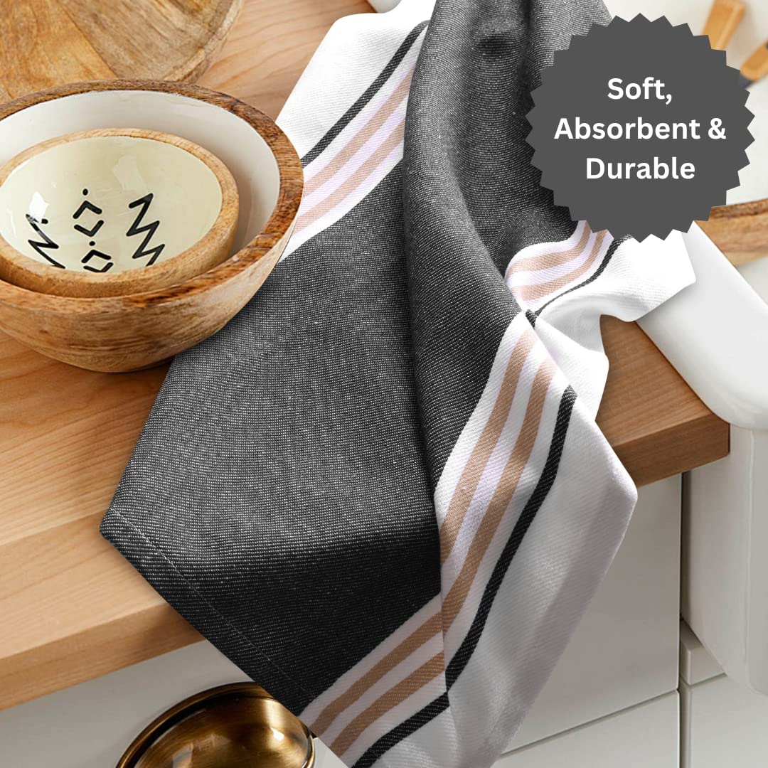 Urbana Cotton Set of 12 Assorted Waffle Kitchen Towels 100% Cotton Super Soft Absorbent Reusable Cleaning Cloths Machine Washable Weave Tea Towel with Hanging Loop (Black, 16 X 26 Inches)
