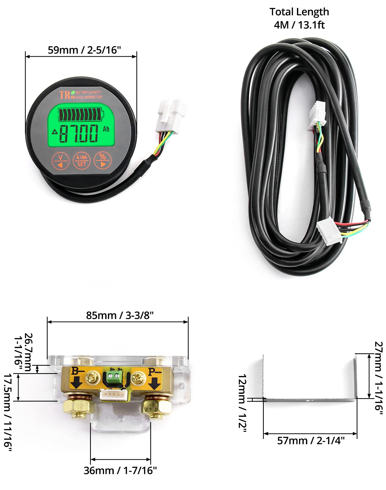 QWORK Battery Monitor Voltmeter Ammeter, Voltage Range 8V-80V and up to 500A, Voltage Current Meter with 13 ft Custom Cable