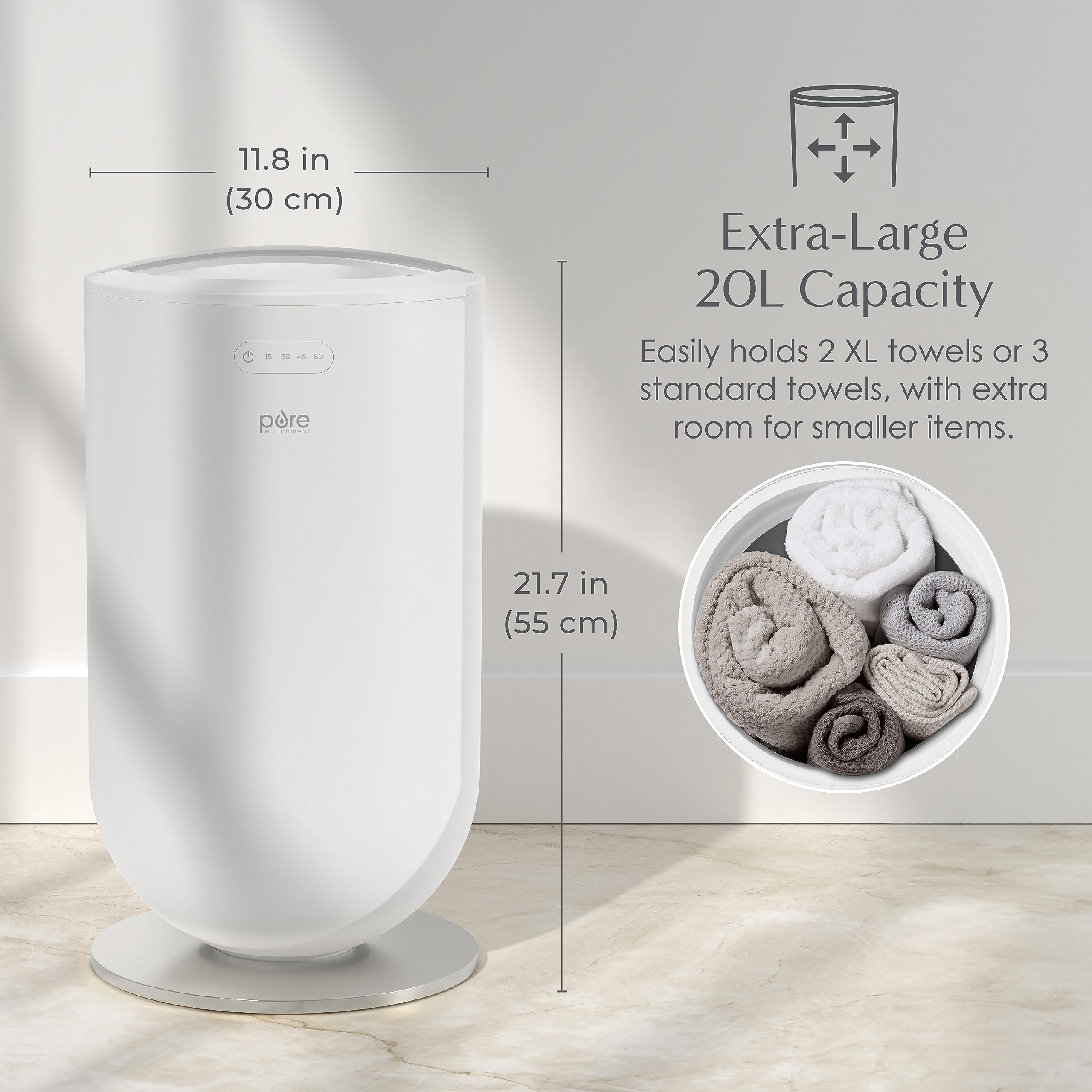 Pure Enrichment® PureBliss™ Luxury Towel Warmer - Extra Large 20L Heats Baths, Towels, Robes, Blankets, or Clothing - Modern Bucket Design, 4 Heat Timer Settings & Auto Shut-Off (White & Silver)