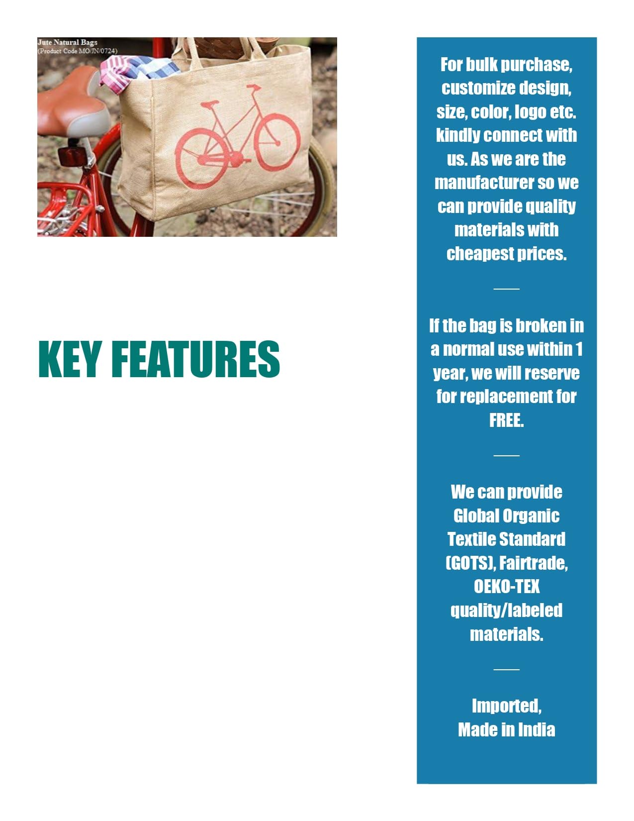 MyOrganicBag Handmade Jute Market Tote Bag with Bicycle Print, Durable Handle, Reinforced Bottom, Generous capacity, 12.5" tall x 17" wide x 7" deep β Made in India
