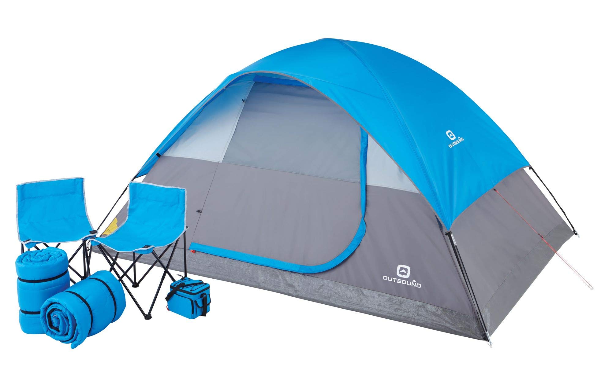 Outbound 6-Piece 5-Person Dome Tent Combo Set with 2 Sleeping Bags, 2 Camping Chairs, 1 Cooler, Blue