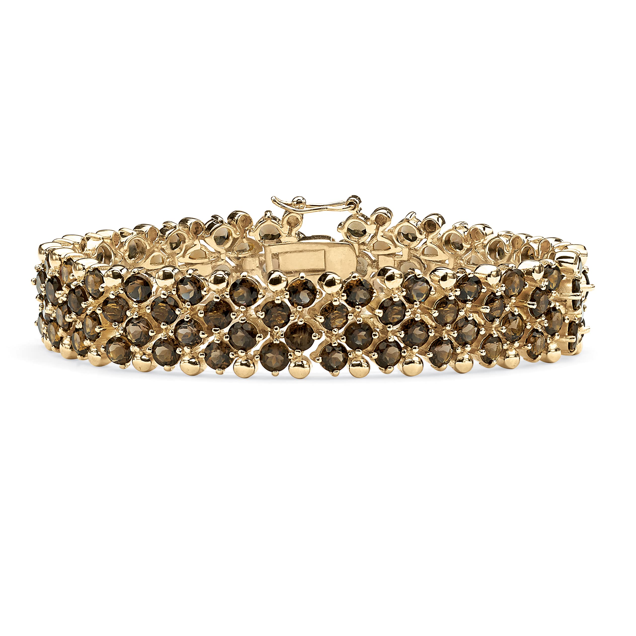 PalmBeach Yellow Gold-plated Round Genuine Smoky Quartz, Tennis Bracelet (24mm), Hidden Box Clasp, 7.25 inches