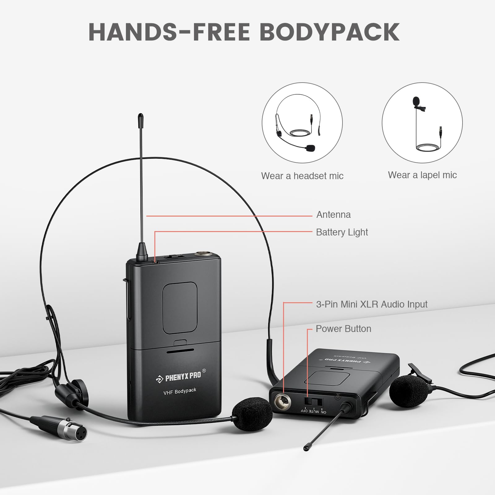 Phenyx Pro Wireless Microphone System, VHF Wireless Mic Set with Handheld Microphone/Bodypack/Headset/Lapel Mics, Stable Signal, Cordless Mic for Singing, Karaoke, Church, DJ (PTV-1B)