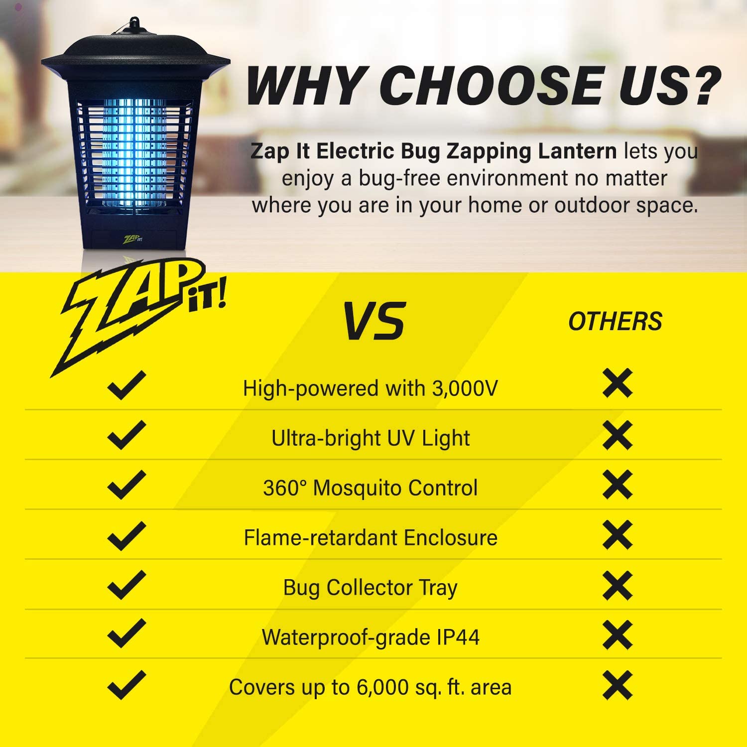 ZAP IT! Electric Bug Zapper Lantern - Indoor and Outdoor Plug-in 360 Degree Mosquito Control, Insect and Fly Killers | UV Light and Electric Shock Mosquito Killer Lamp | Includes Bug Collector