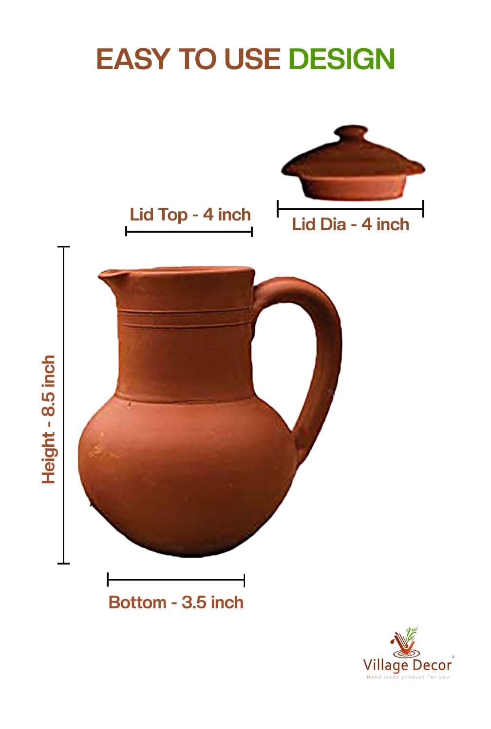 Village Decor Handmade Clay Water Jug With Lid | Carafes Pitcher Capacity 67 oz 2000 ml.