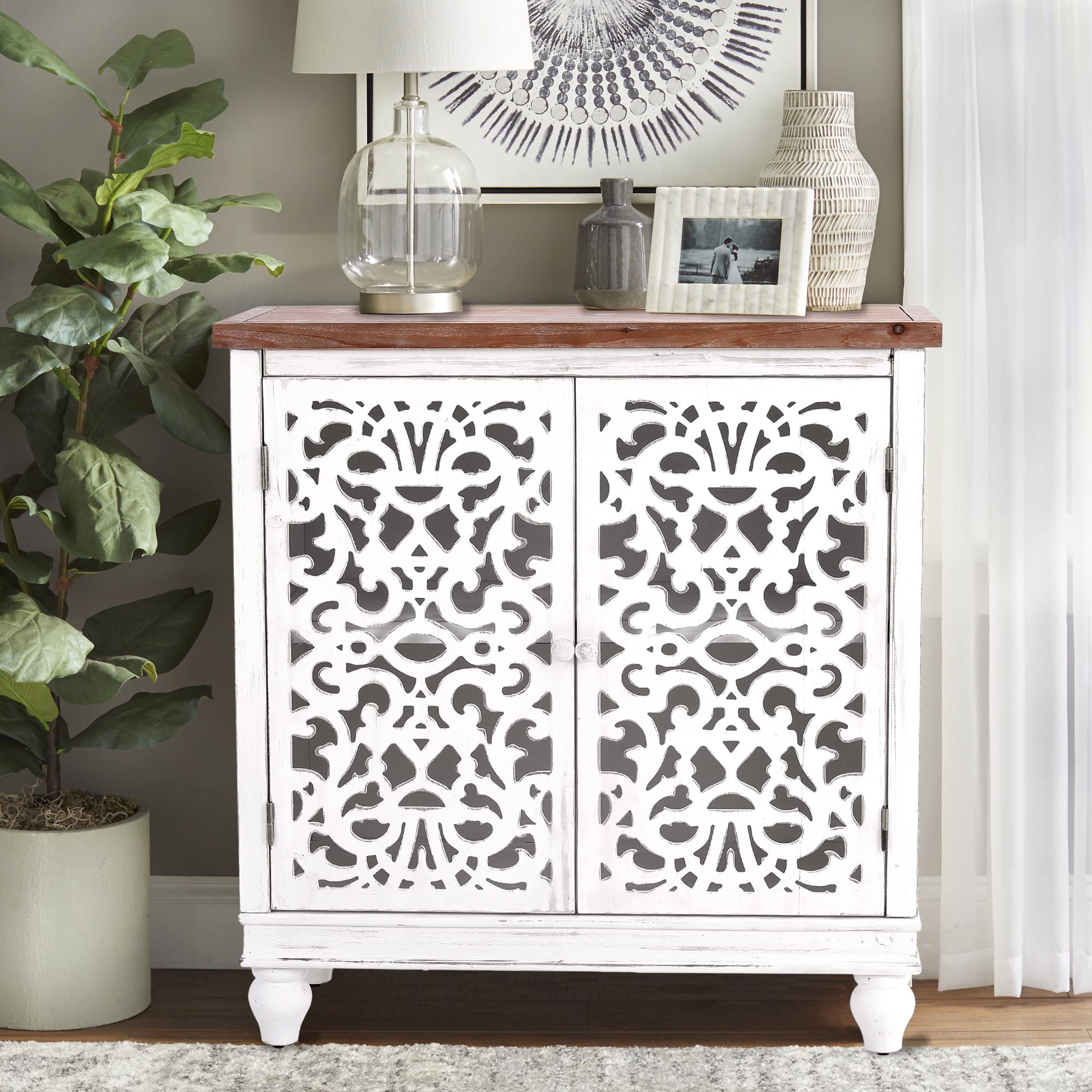 PHI VILLA Accent Cabinet with Doors Hollow-Carved Cabinet Farmhouse Antique Cabinet Credenza Buffet Cabinet for Entryway Living Room Storage Cabinet White