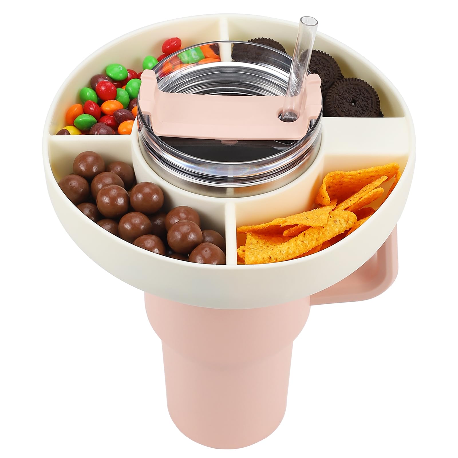 Silicone Snack Ring for Stanley Cup 40 oz with Handle, Snack Tray for Stanley Tumbler 40 oz, 4 Compartment Reusable Snack Platters for Stanley Quencher Adventure 40oz (Cream White)