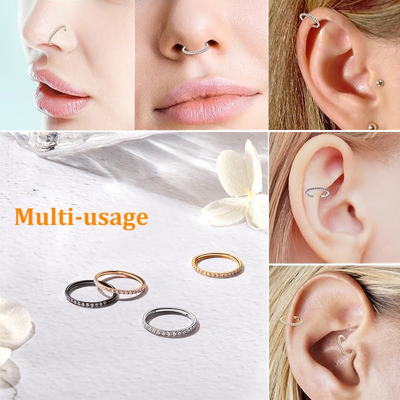 MissNity 316L Surgical Steel Hinged Nose Rings Hoop 18G Clicker Segment Septum Daith Helix Tragus Earrings Jewelry with CZ Gem, 18 Guage, Silver, 8mm