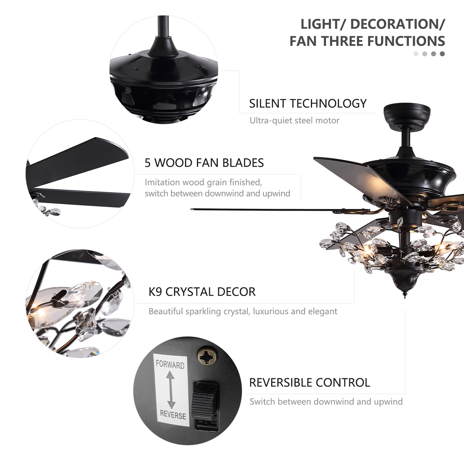 Siljoy 50" Reversible Crystal Ceiling Fan with Lights, Black Branches Ceiling Fan, 5 Wood Blades, Remote Control, Elegant Vintage Indoor Chandelier Fan Light Kit for Bedroom Dining Room