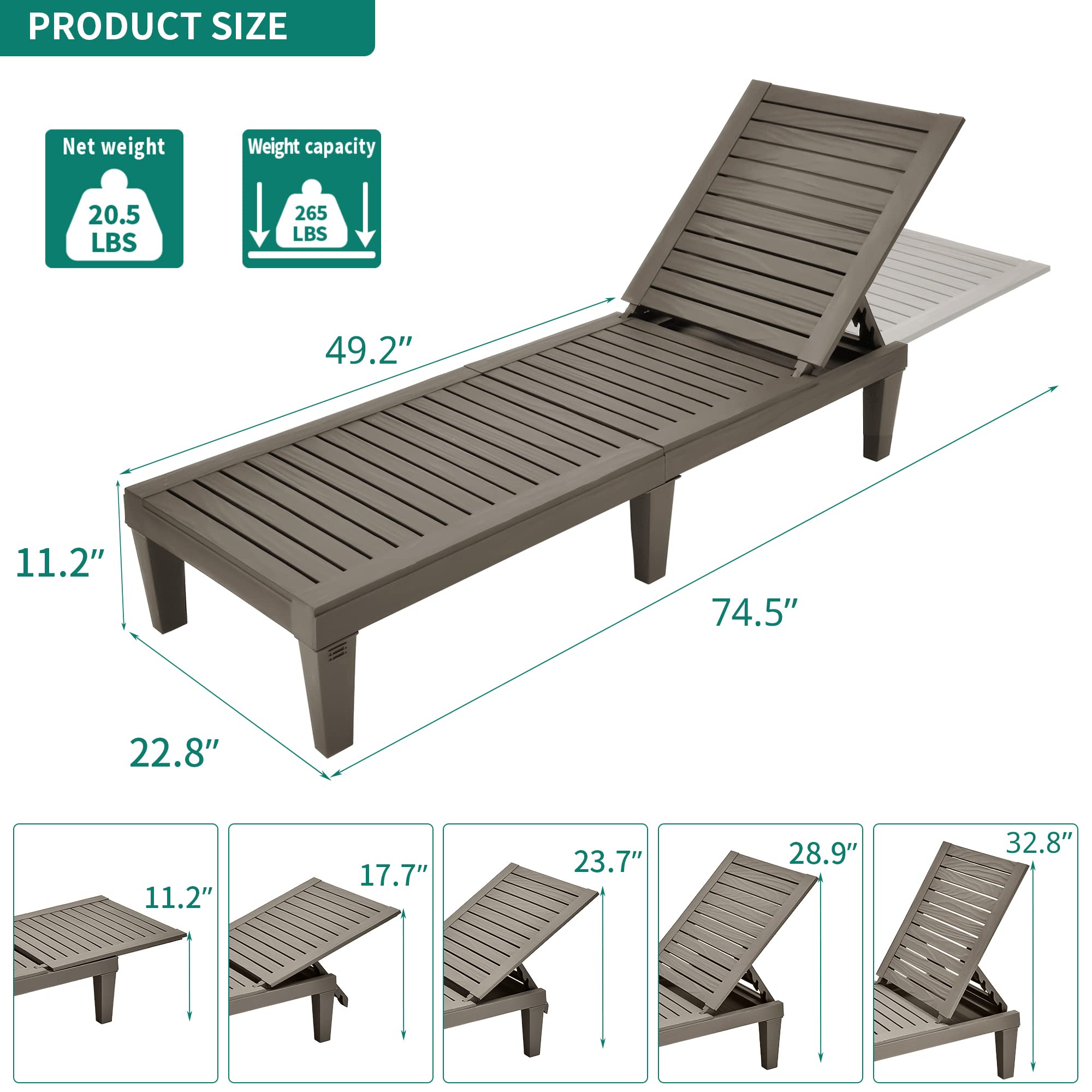 YITAHOME Chaise Outdoor Lounge Chairs with Adjustable Backrest, Multi-Functional Patio Loungers Easy Assembly & Lightweight, Waterproof Poolside Chaise Lounge with 265lbs Capacity - Taupe