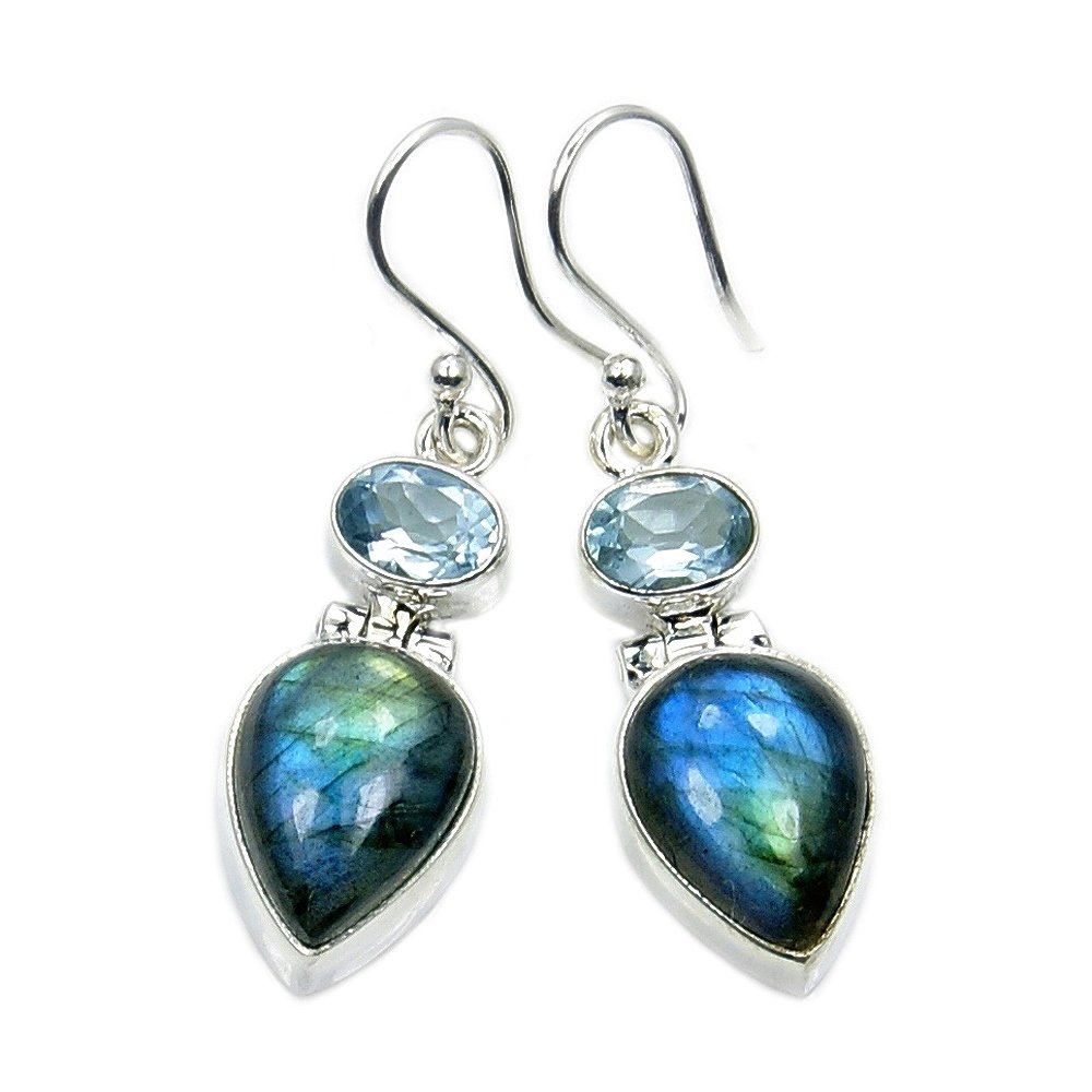 Mystic Princess' Sterling Silver Labradorite Earrings, Blue Topaz Dangle Earrings