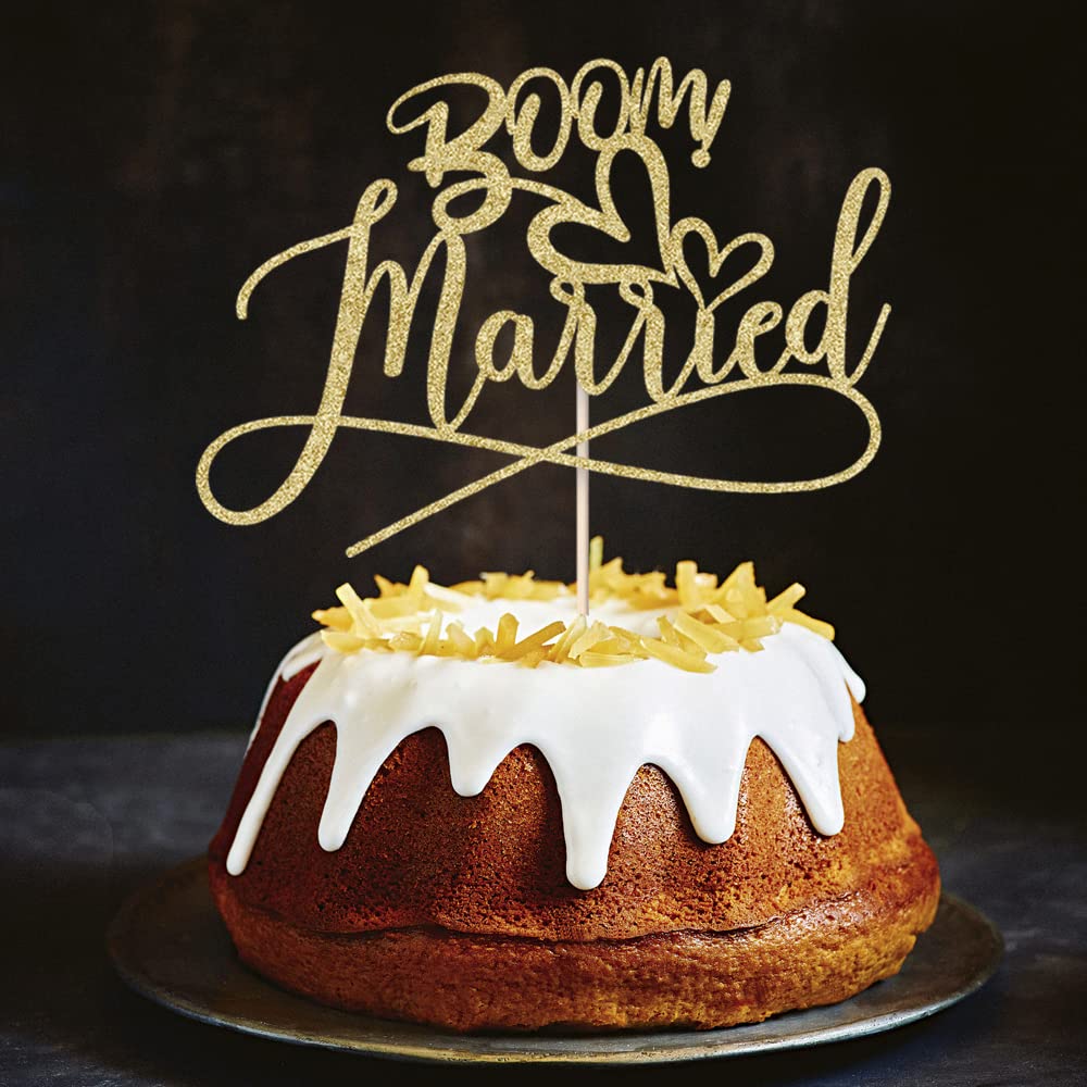 Sodasos BOOM! Married Wedding Cake Topper,Funny Cake Topper, Quirky, Nerdy Topper,Married Cake Topper,Bridal Shower,Theme Wedding Party Supplies (gold)
