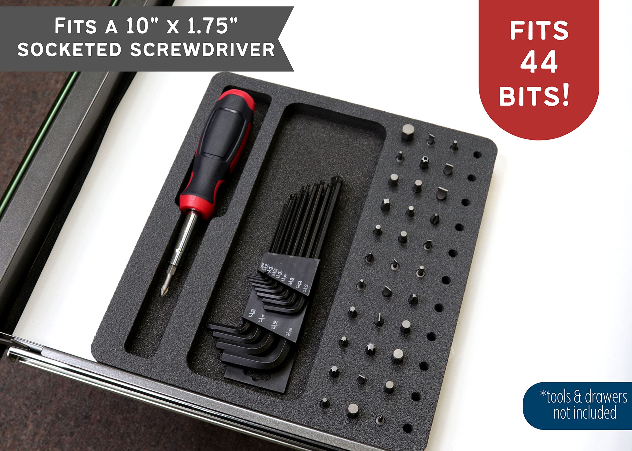Polar Whale Tool Drawer Organizer Socketed Screwdriver Holder Insert Black Durable Foam Tray Holds Drivers Up To 10 Inches Holds 44 Bits Fits Craftsman Husky Kobalt Milwaukee Many Others