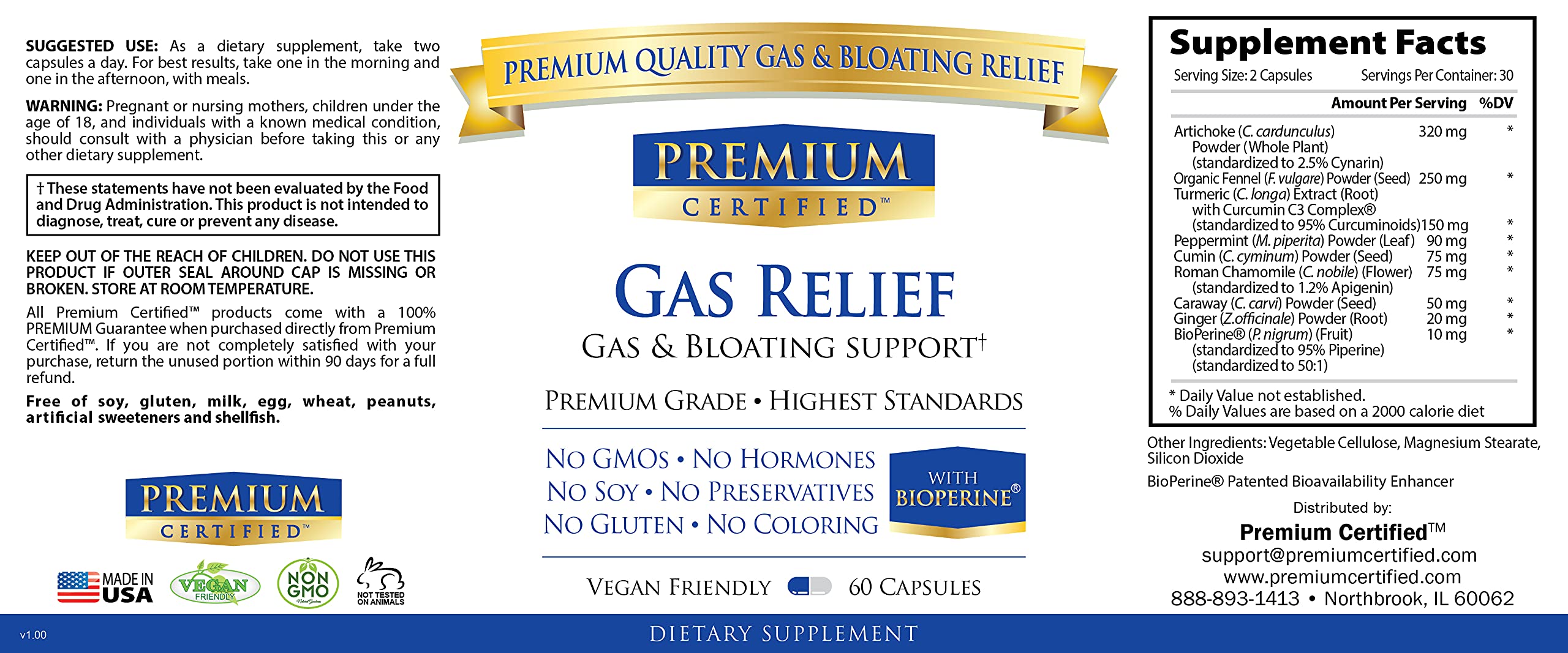 Premium Certified Gas Relief - Soothe Digestive Tract and Bloating - 60 Capsules - with Artichoke, Ginger, and Fennel, Curcumin C3 Turmeric Complex - Non-GMO, Vegan, Made in USA