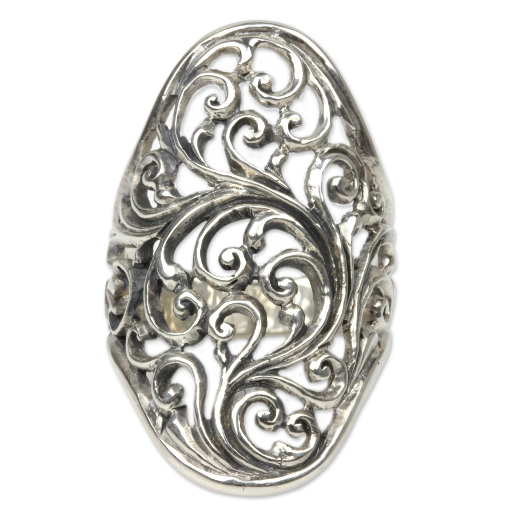 NOVICA Artisan Handmade Sterling Silver Cocktail Ring Crafted from Indonesia No Stone Bohemian [ring Front 1.3 in L x 0.8 in W x 0.1 in H Band Width 4 mm W] ' Sukawati Fern'