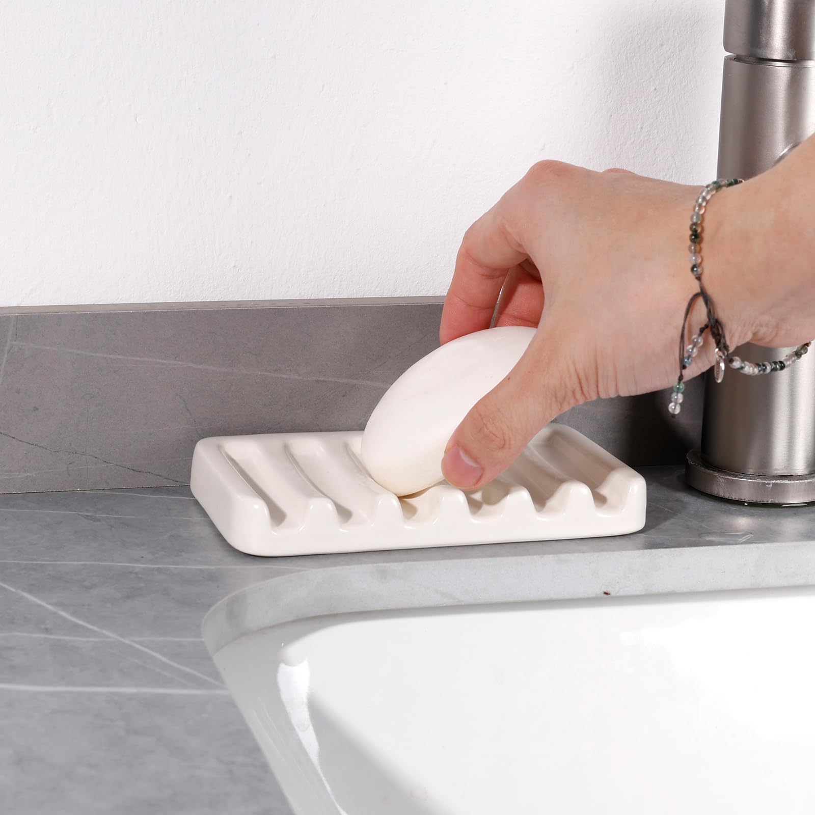 Soap Dish, Ceramic Self Draining Soap Holder, Beige Bar Soap Holder for Shower, Soap Dishes for Bathroom, Easy to Clean Keeps Soap Dry, ANTIS'S HOME