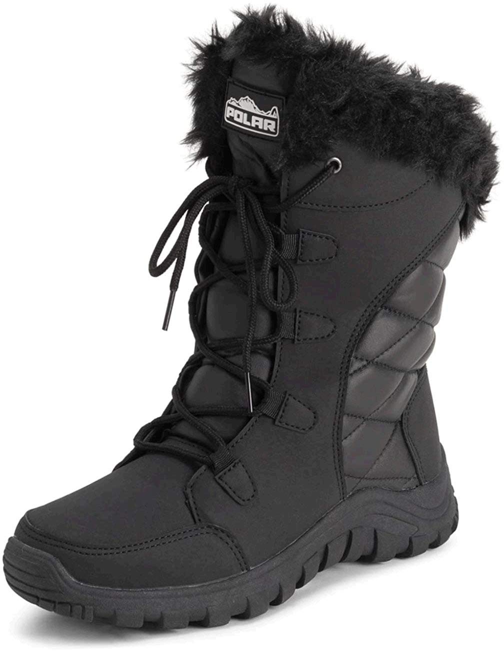 POLAR Womens Quilted Faux Fur Cuff Winter Duck Rubber Sole Durable Snow Rain Outdoor Boots - Black Leather - EU40/US9 - YC0654