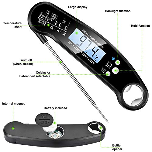 Waterproof Digital Instant Read Meat Thermometer Folding Probe Calibration Function for Cooking Food Candy, BBQ Grill, Calibration Bottle Opener for Kitchen (Black)