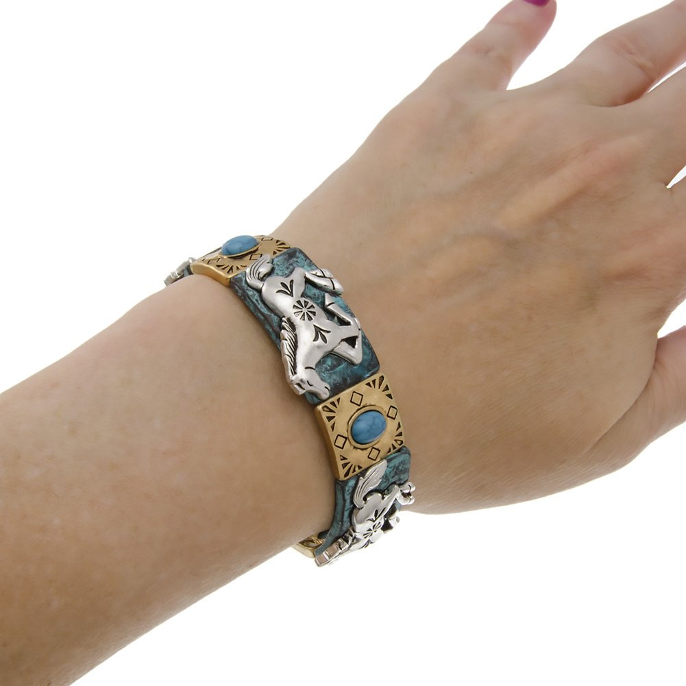 PammyJ Horse Bracelet Tri-Tone with Patina - Western Horse Stretch Bracelet