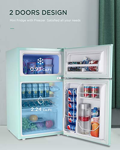 WATOOR 3.2 CU. FT. Mini Refrigerator With Freezer - Removable Glass Shelves and Basket - 7 Temp Setting - Small Drink Food Storage Cooler for Office, Dorm, Apartment, Bedroom, Mint Green