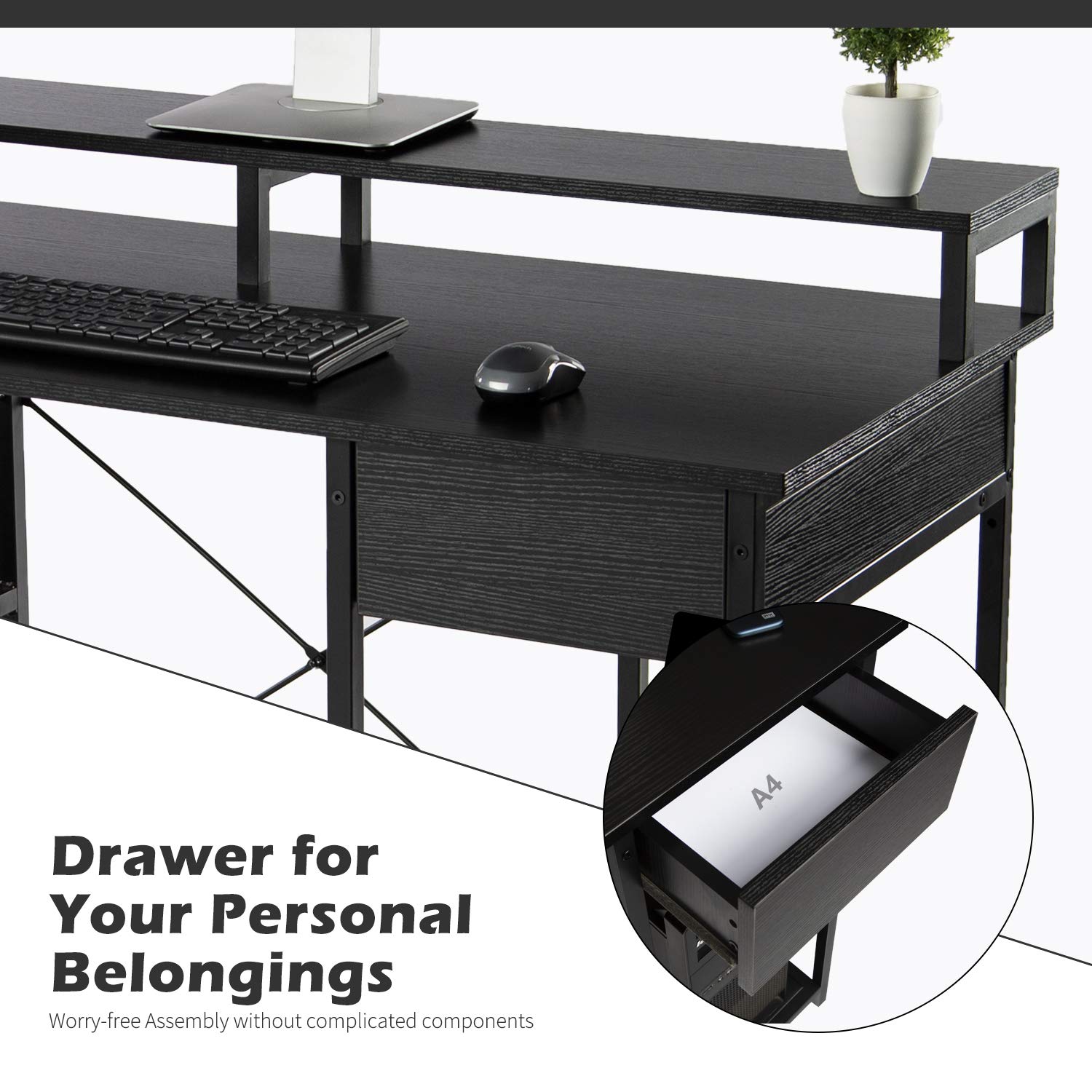 OUTFINE Desk Computer Desk Office Desk with Wodden Drawer, Monitor Stand and Storage Shelves