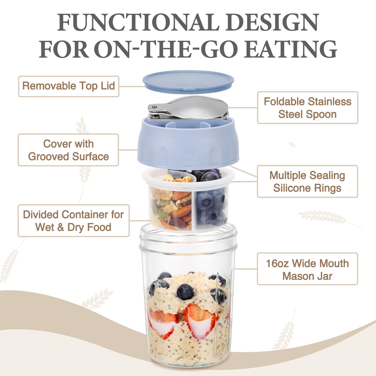 SOLIGT 4 Pack Overnight Oats Containers with Lids, Folding Spoons and Divided Compartments for Fruit & Nuts, Small Glass 16oz Mason Jars for Oatmeal (4 Set-Oat White/Green/Rose/Blue)
