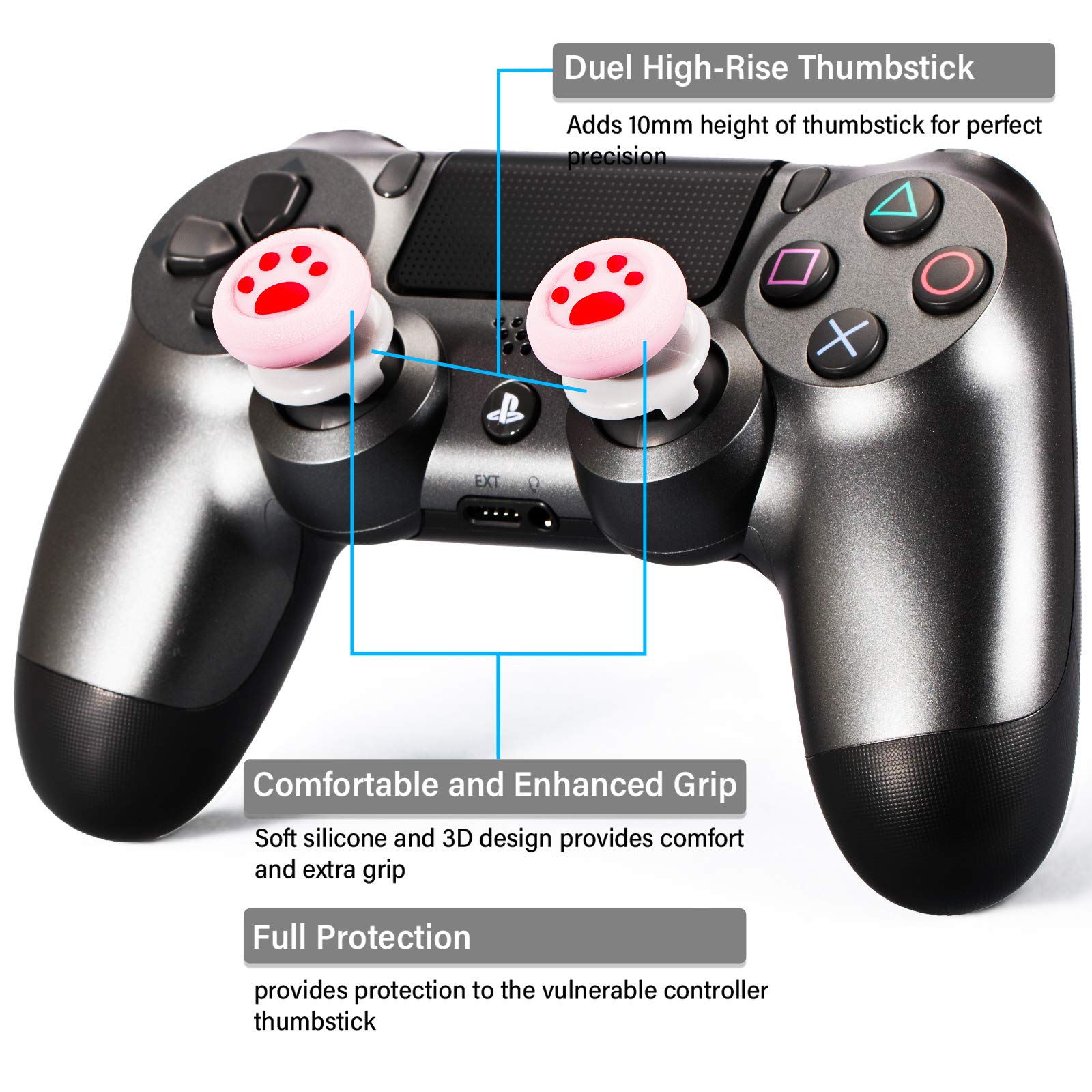 Playrealm FPS Thumbstick Extender & 3D Texture Rubber Silicone Grip Cover 2 Sets for PS5 Dualsenese & PS4 Controller (Cat Paw Coral)