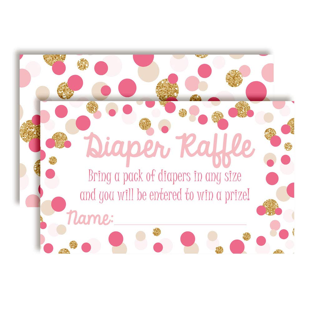 Polka Dot Pink & Gold Themed Diaper Raffle Tickets for Girl Baby Showers, 20 2" X 3ā Double Sided Insert Cards for Games by AmandaCreation, Bring a Pack of Diapers to Win Favors & Prizes!