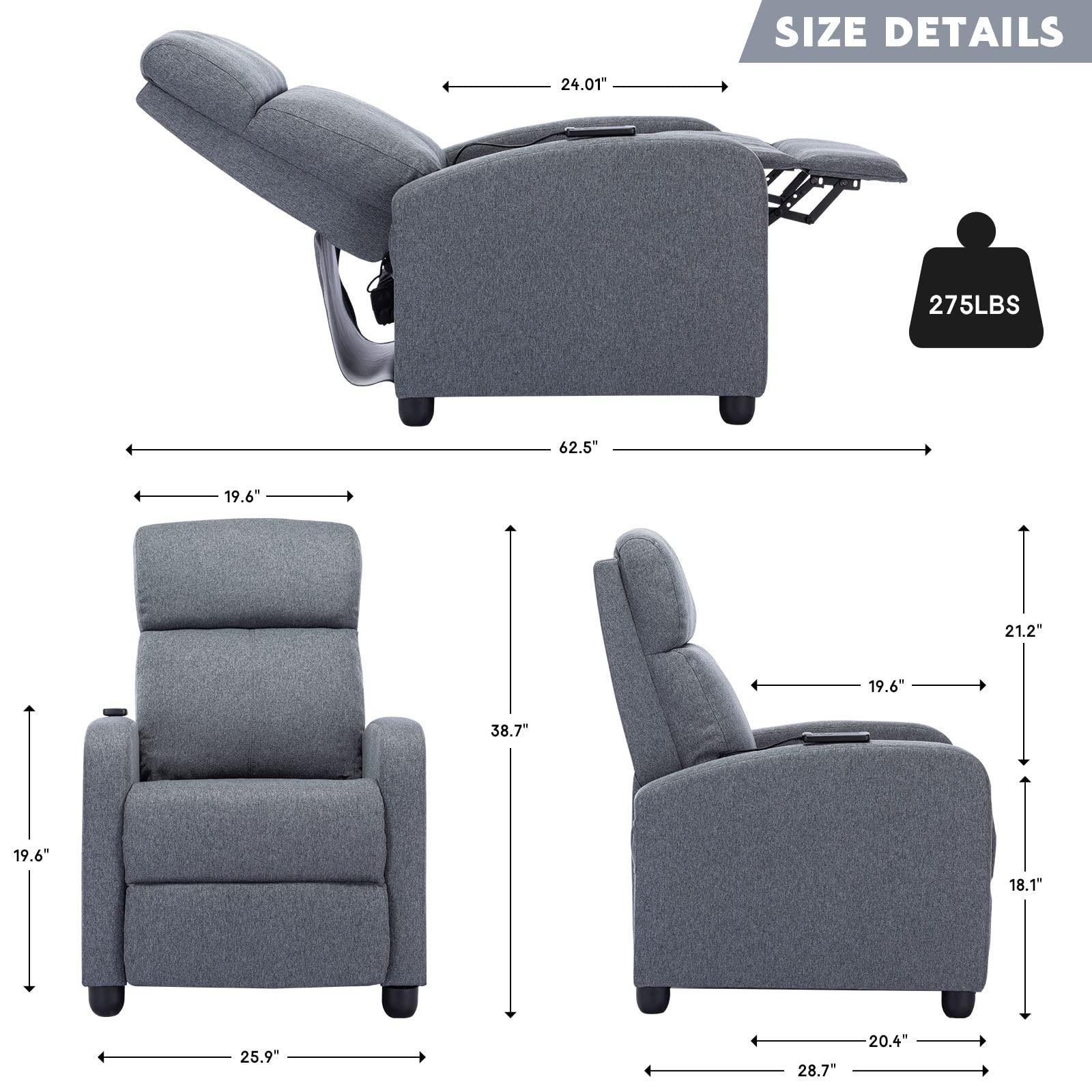 Phoenix Home New Model Massage, Modern Single Sofa Padded Backrest and Thick Seat Cushion, PU Leather Recliner Chair for Living Room, Home Theater, Dark Black