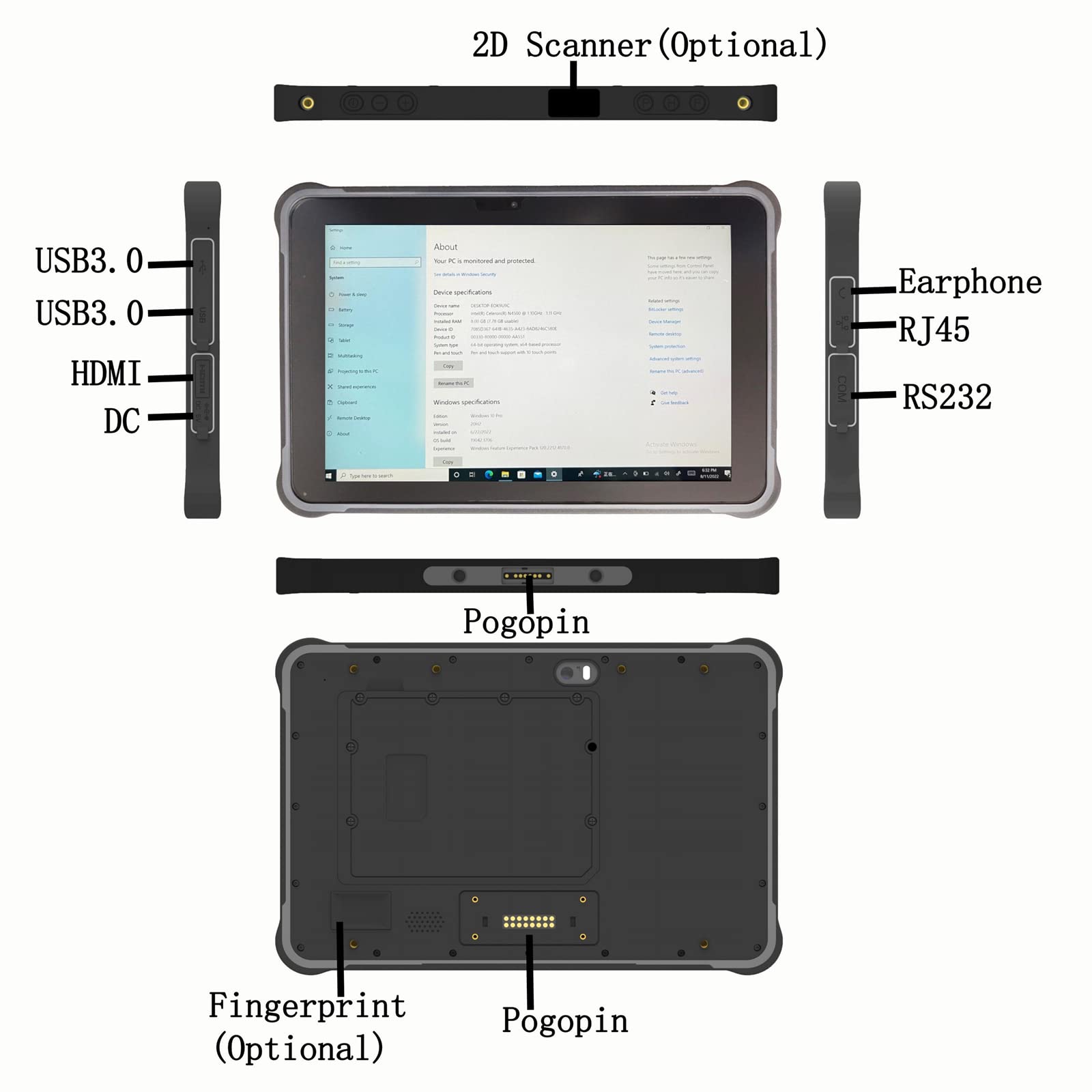 Sincoole Rugged Tablet, CPU Intel Celeron N4500/N5100,10.1 inch Windows 10 Pro Rugged Tablet with 2D Barcode Scanner and Docking Station (CPU-N4500)