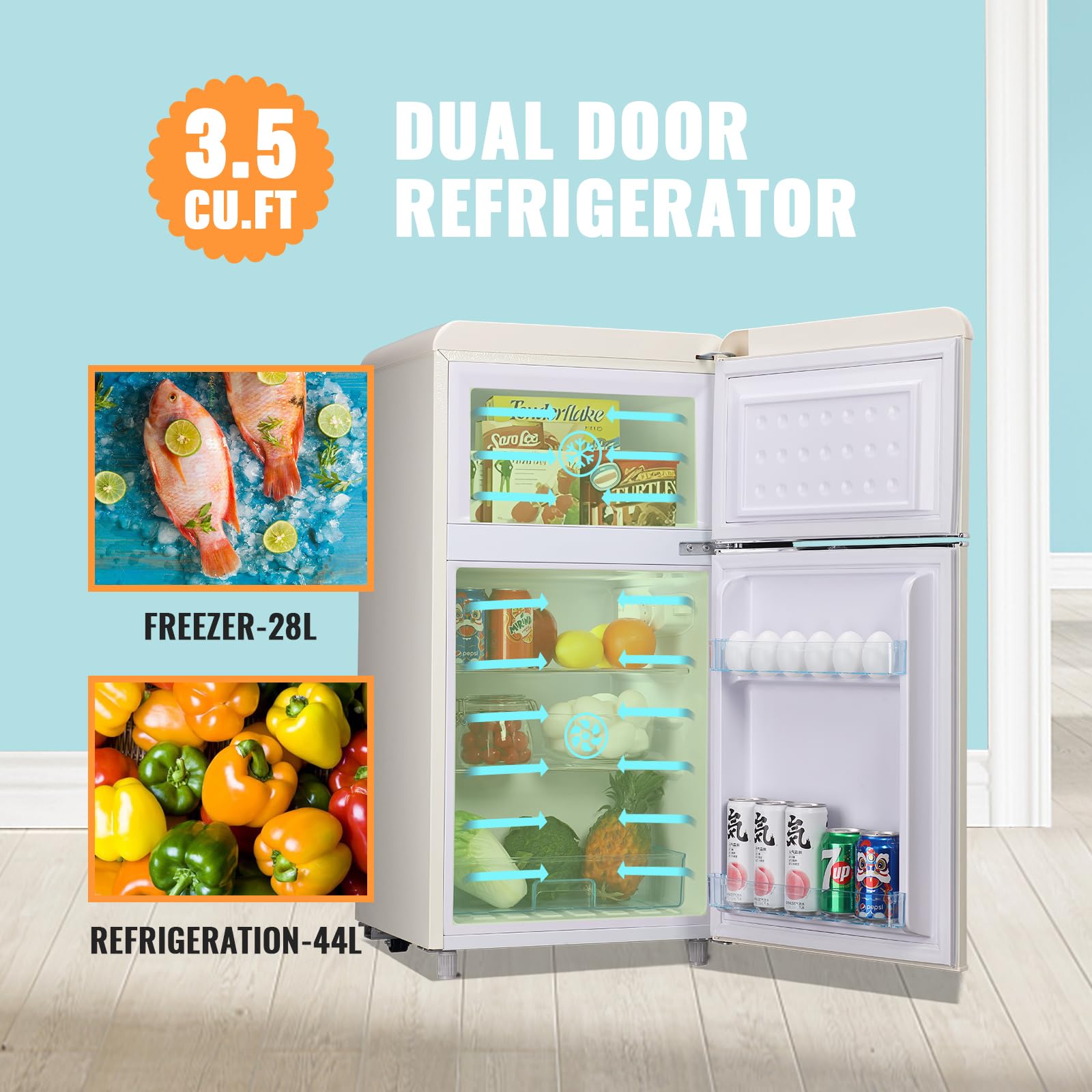 WANAI Compact Mini Refrigerator 3.5 Cu.Ft Small Refrigerator with Freezer, Retro Mini Fridge with Dual Door,7 Adjustable Thermostat, Adjustable Shelves For Dorm, Office Bedroom,White