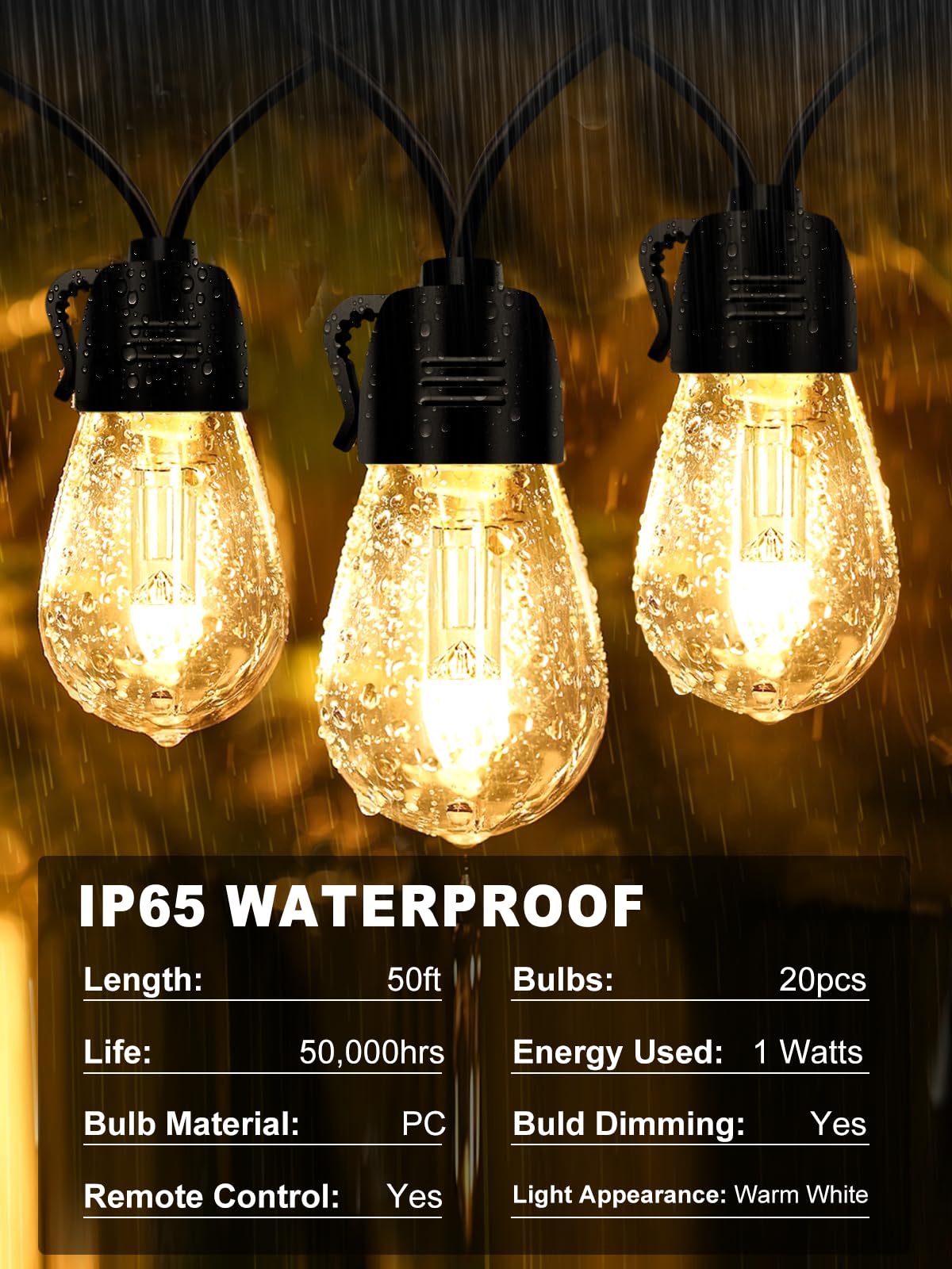Plbriyu 50FT Outdoor String Lights with Shatterproof, Patio Lights with 20 Waterproof Bulbs,2700K Dimmable Outside Lights,Decorative for Yard Porch Garden