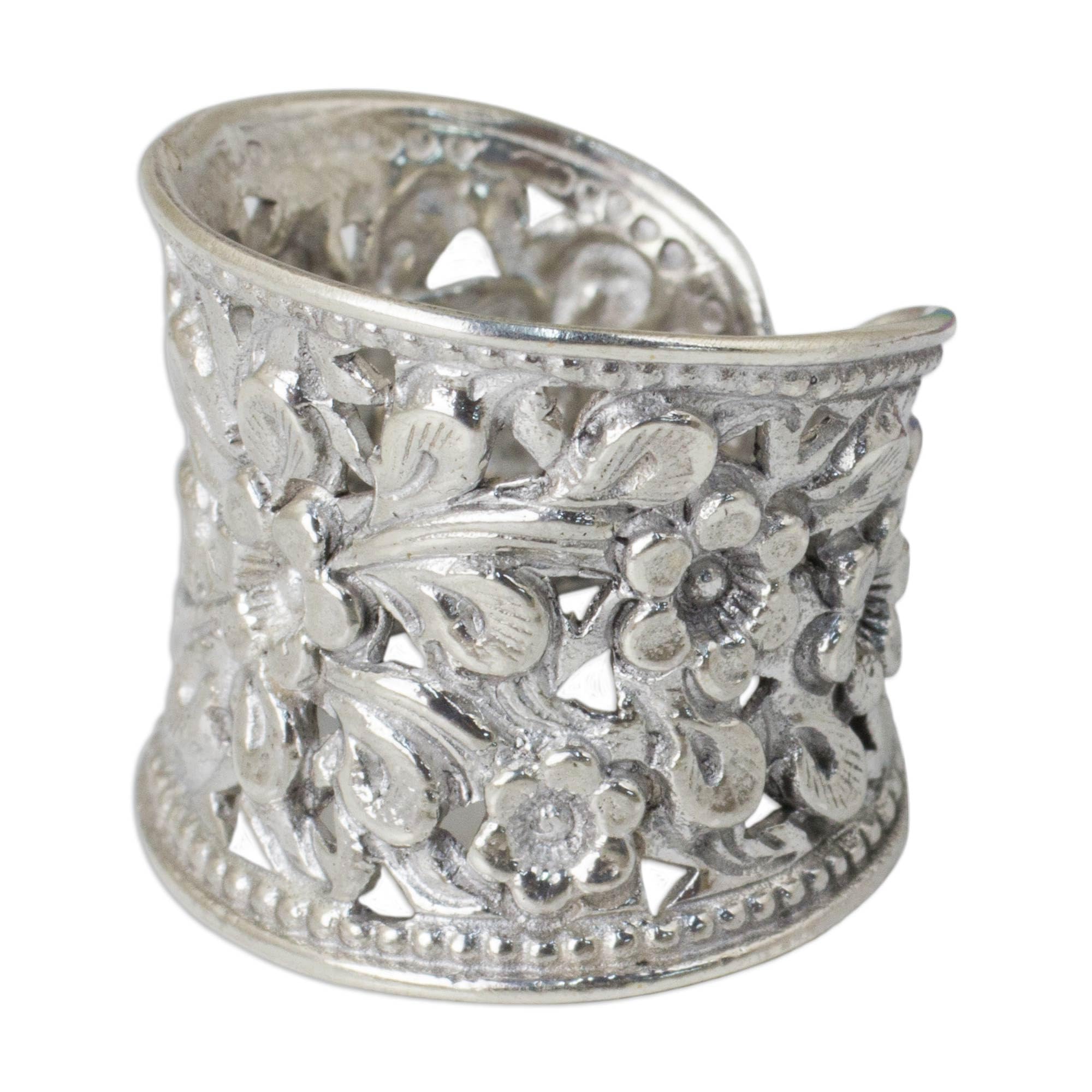 NOVICA Artisan Handmade .925 Sterling Silver Flower Ring Floral Band from Thailand No Stone 'Mae Ping Jasmine'
