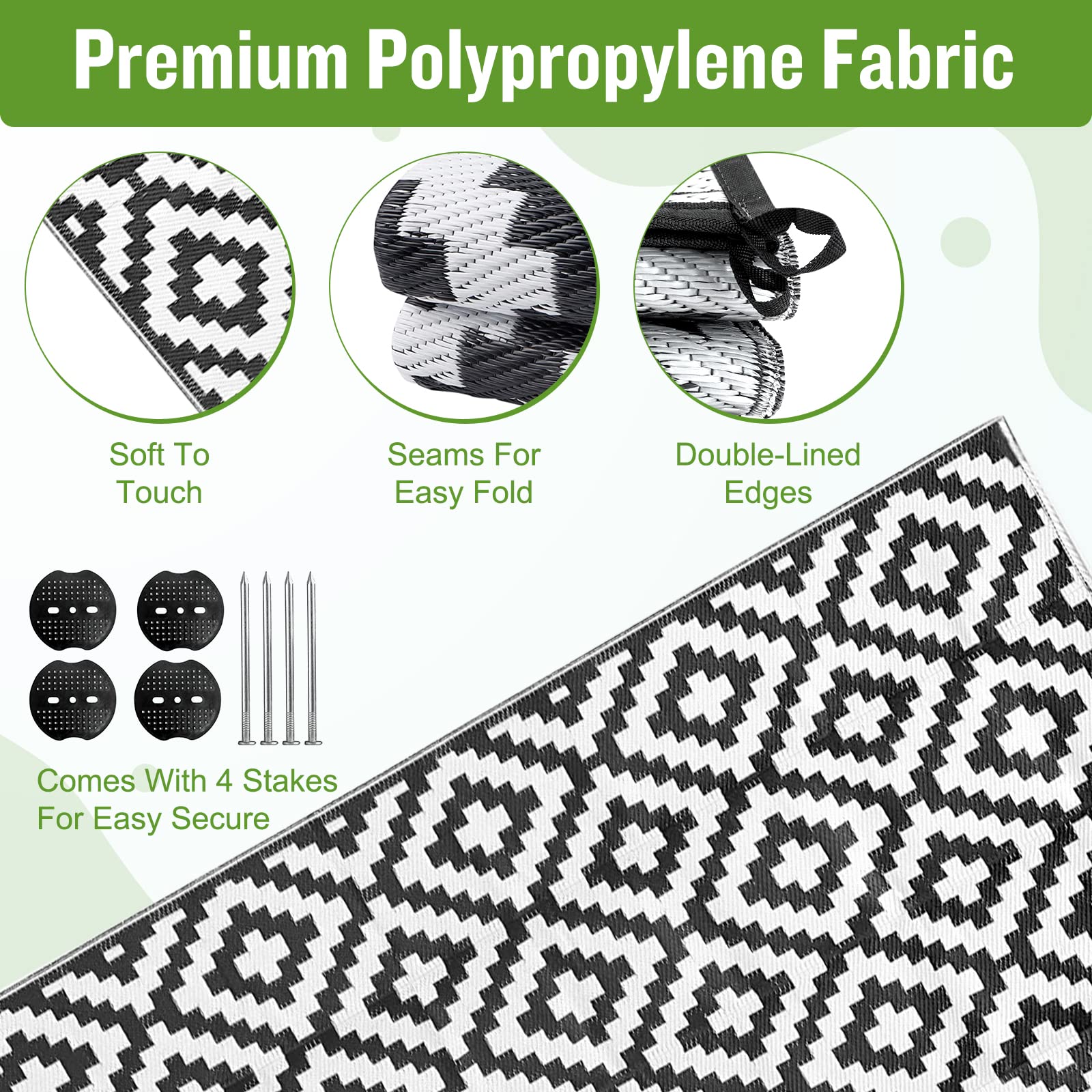 Outdoor Rug,Reversible Mats, Plastic Straw Rug, Modern Indoor Outdoor Area Rug, Large Floor Mat and Rug for Outdoors, RV, Patio, Backyard, Deck, Picnic, Beach, Trailer, Camping, Black & White, 5' x 8'
