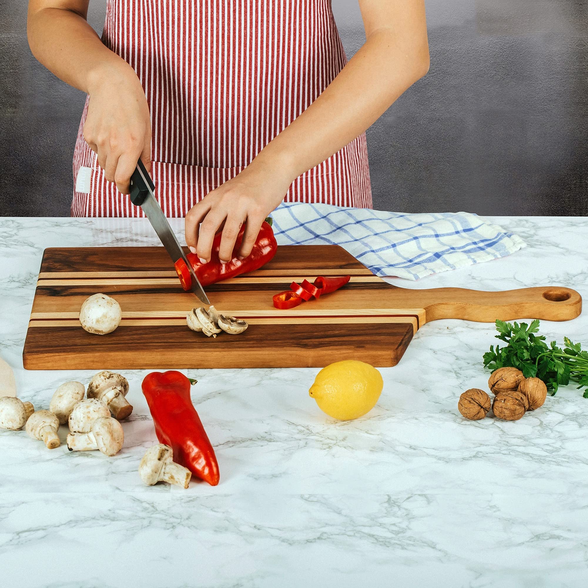 TeakCraft Walnut Cutting Board for Kitchen with Handle, Serving Tray, Bread Tray, Crackers Platter, Cheese Board, Chopping Board for Meat, Knife Friendly, The Lamia(24x11x0.75 inch)