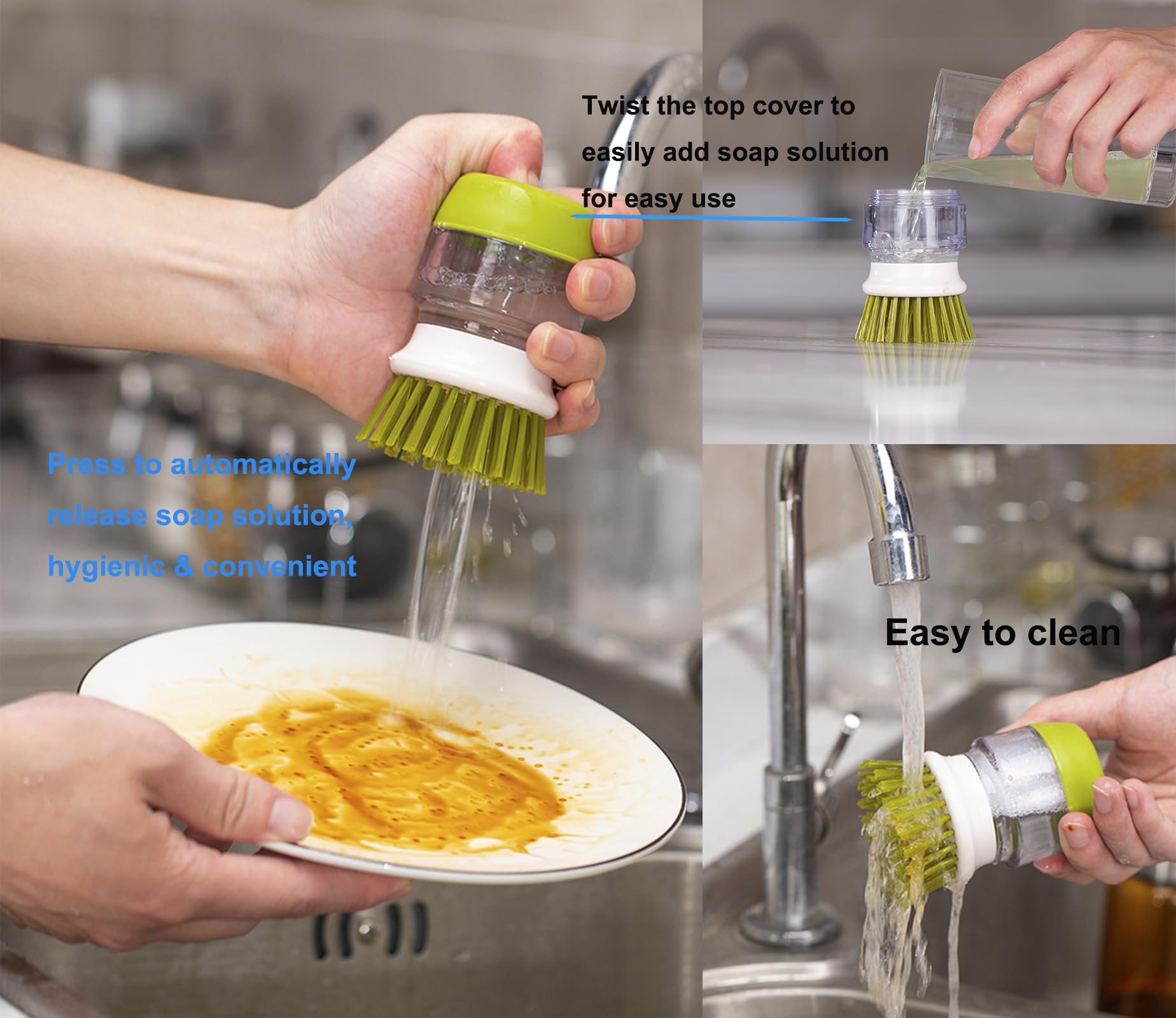 Soap Dispensing Brush(2 Pieces), Press to Automatically Add Liquid, Soap Dispensing Palm Brush Kitchen Brush with Holder for Pan Sink/Kitchen/Stove Sleaning—Pink Green