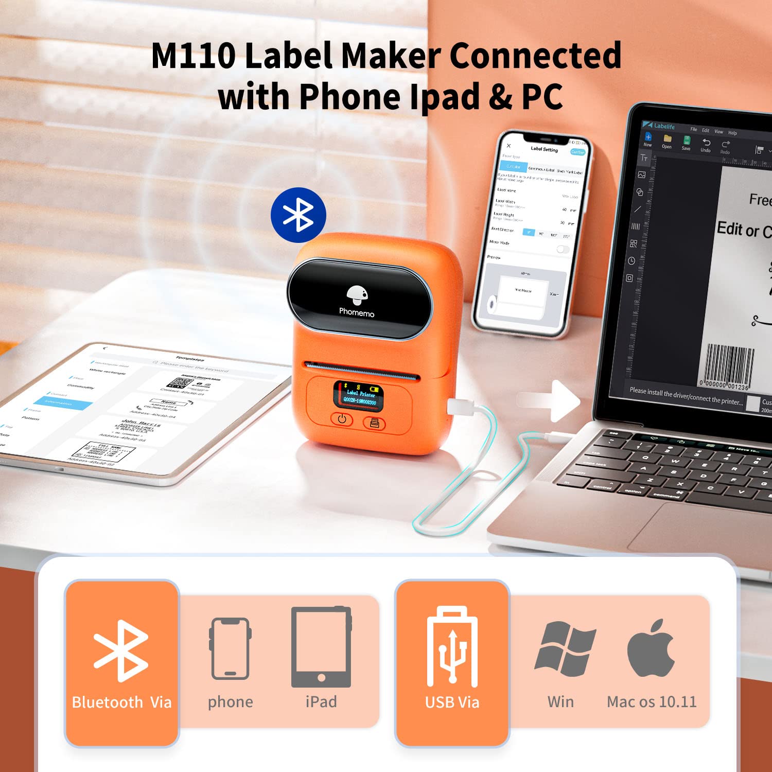 Phomemo M110 Label Makers, Mini Thermal Inkless Sticker Barcode Label Printer with Bluetooth for Address, File Folder Labels Use for Phone/Tablet/PC/Mac with 1 Roll Labels