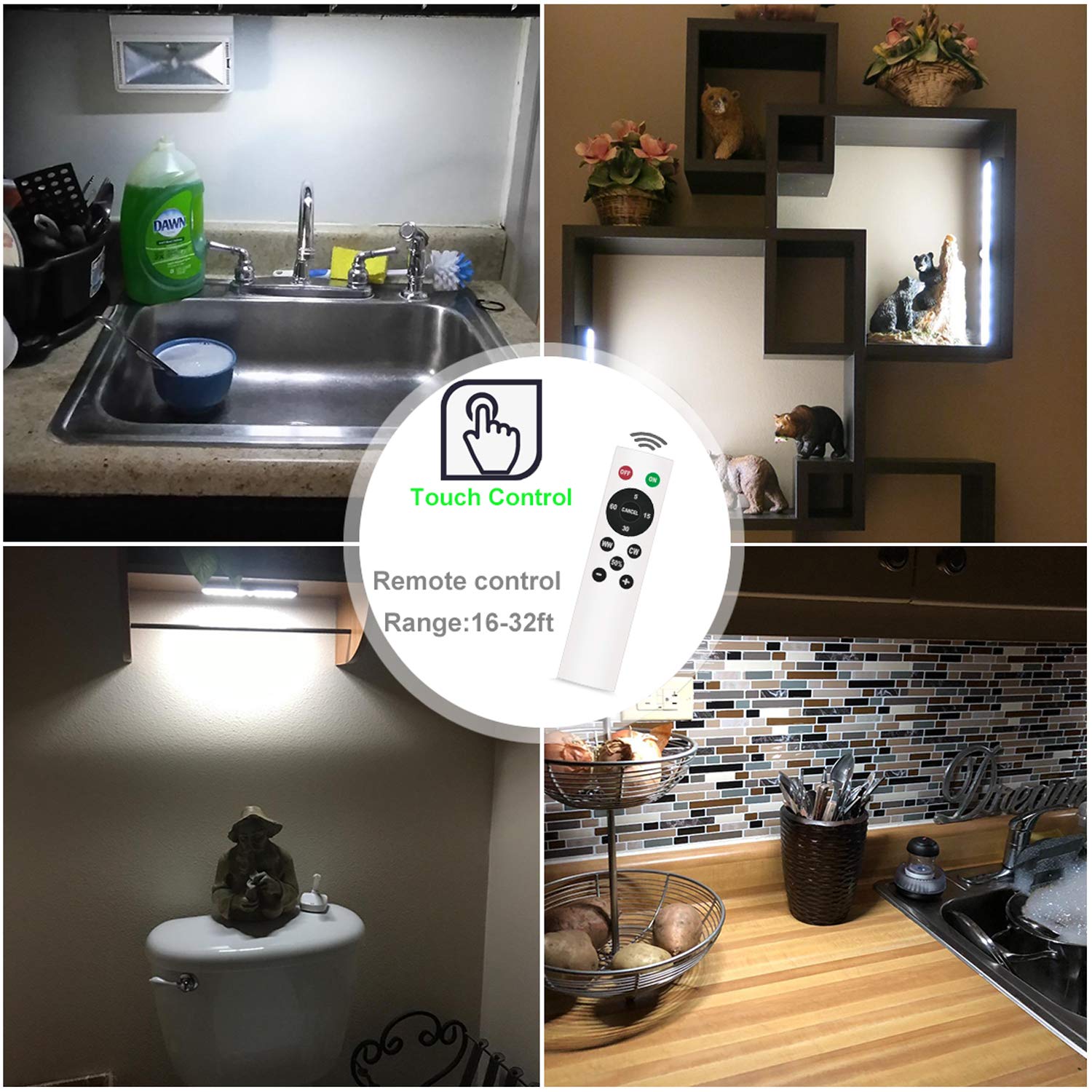 Remote Control Under Cabinet Lights with Remote 6 Pack, 20-LED Dimmable Closet Lighting Battery Operated Under Counter Light, Stick on Touch Night Light Strip for Kitchen Stairway Bedroom, 3 Colors
