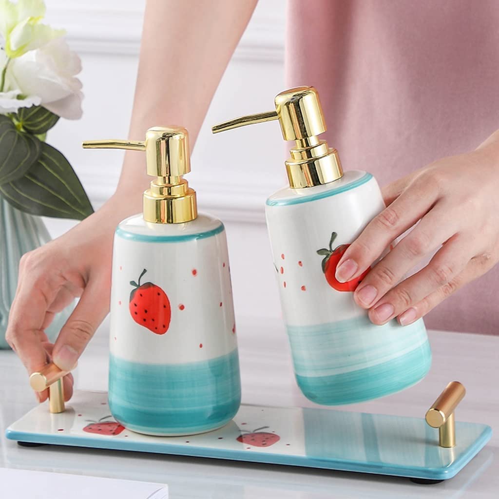 Soap Dispenser Soap Dispensers 3 Pack Ceramic Soap Dispenser Set with Ceramic Tray Strawberry Pump Dispenser Bottles 400ml/13.5 oz Bathroom